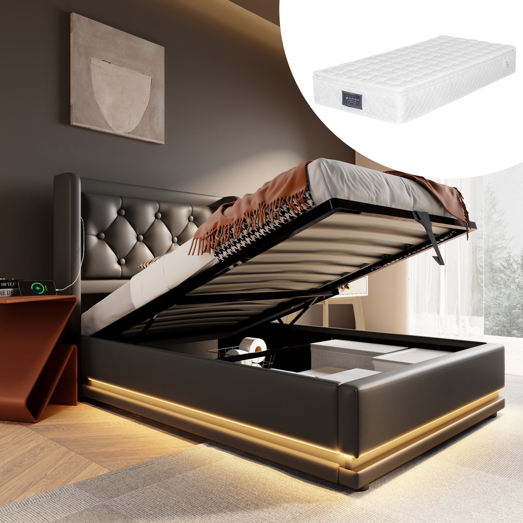 Lit coffre Lit capitonné Lit simple 90 x 200 cm avec fonction de ...