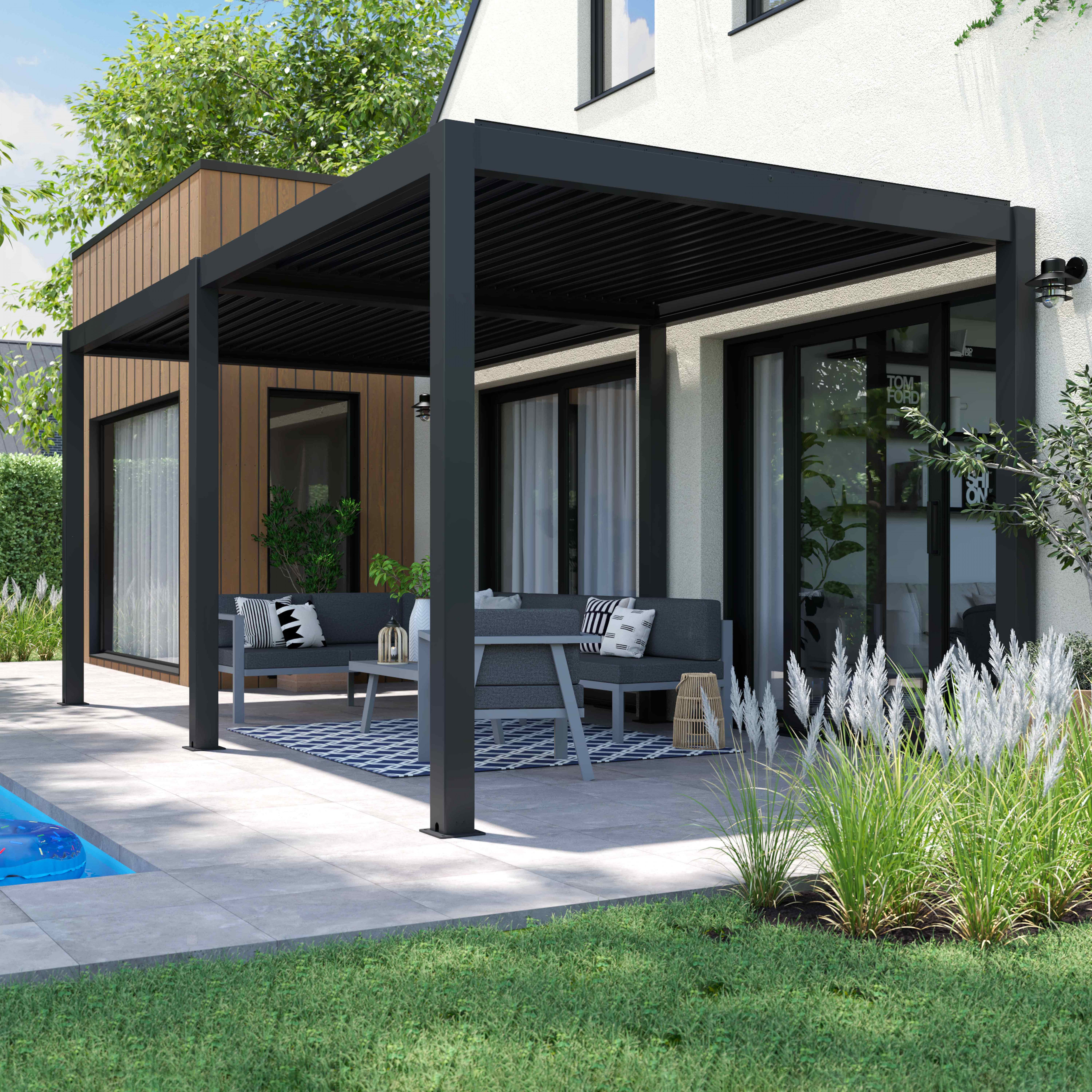 Pergola bioclimatica autoportante 3 x 6 m e 4 tende grigie( 4 stores 2 ...