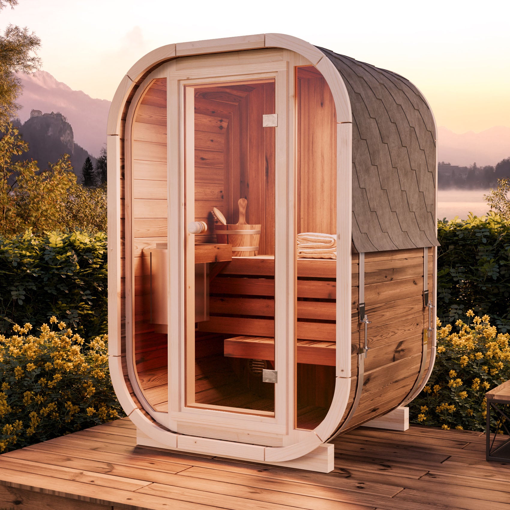Sauna tonneau Ellipso S FinnTherm, 1.4x1.1m dim. ext. (cas échéant incl ...