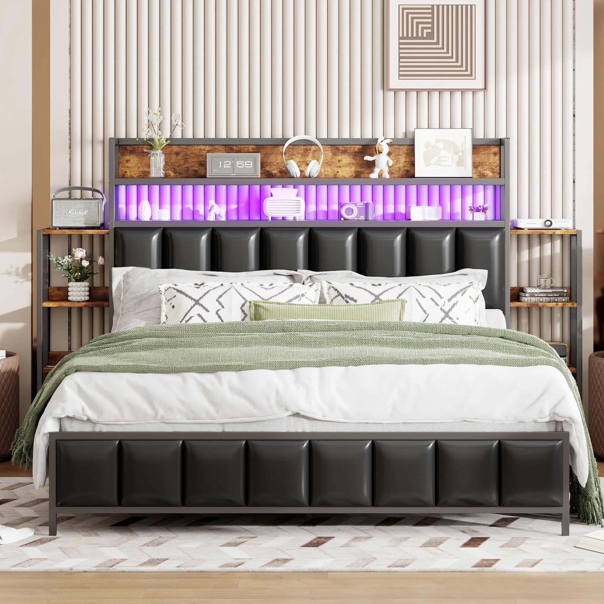 Cama de 160 x 200 cm de polipiel - con LED y estantes - Negro | Leroy ...