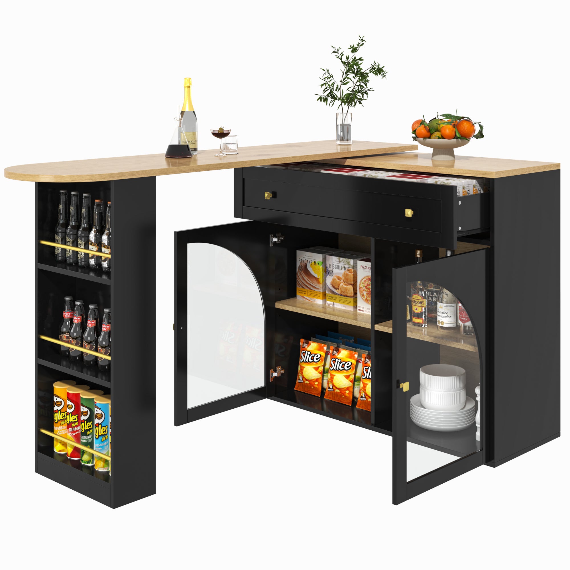 Meuble bar rotatif 138-204x39x104cm extensible 360° avec étagères de ...