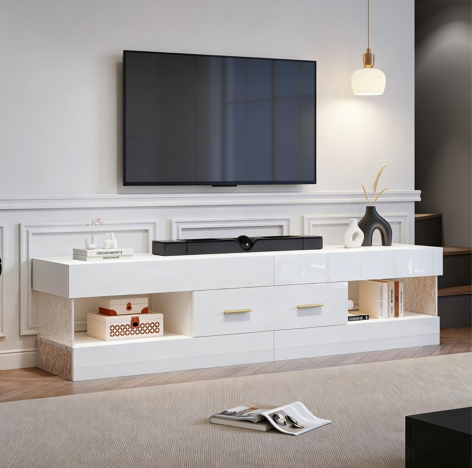 Mueble TV 152x35x40 cm LED, estantes abiertos y 2 cajones, aglomerado ...