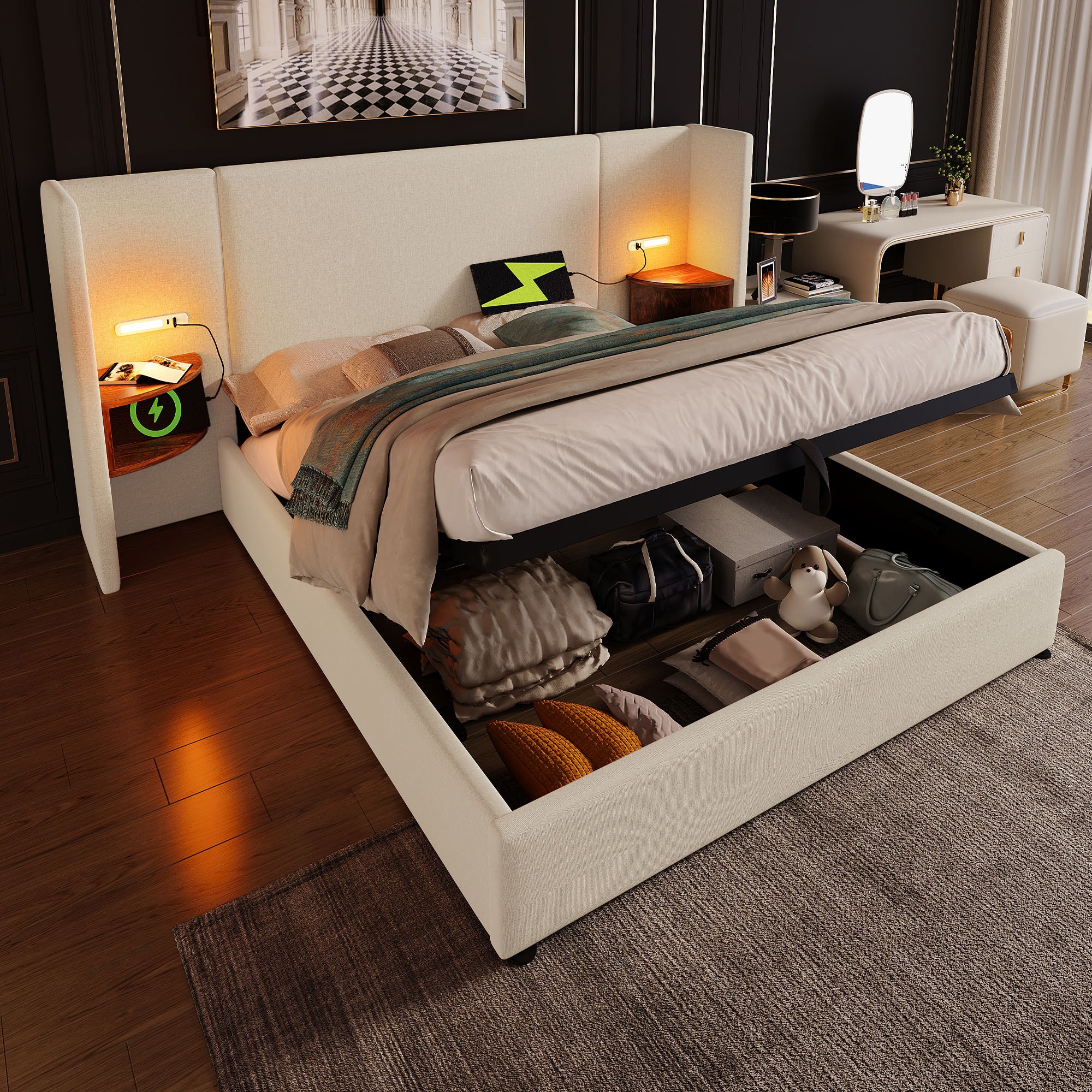 Lit Coffre Adulte 160×200 cm - 2 Tables de Chevet - Lampes de Lecture ...