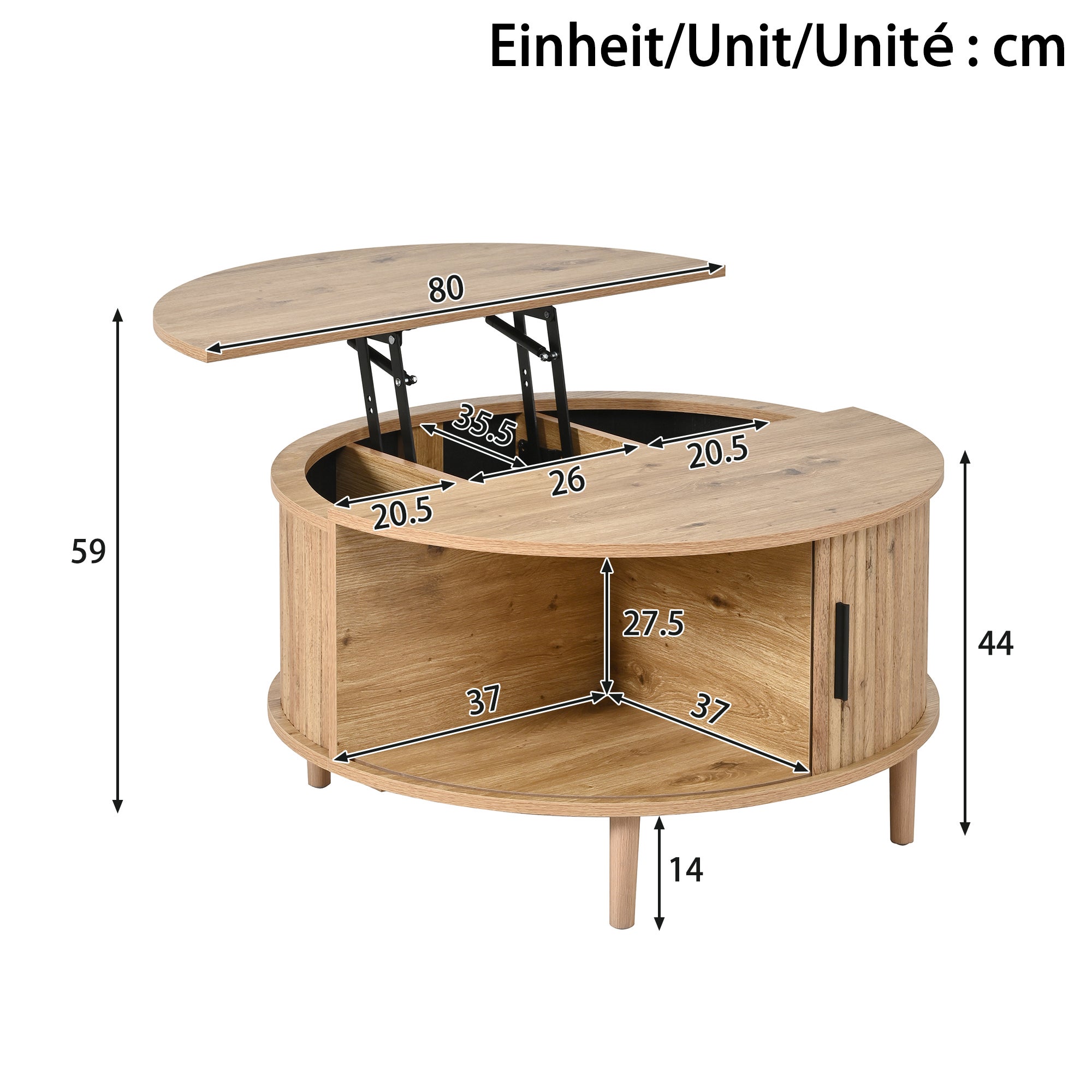Mesa de Centro Redonda 80x80x59 cm, Tapa Elevable, Puerta Corredera ...