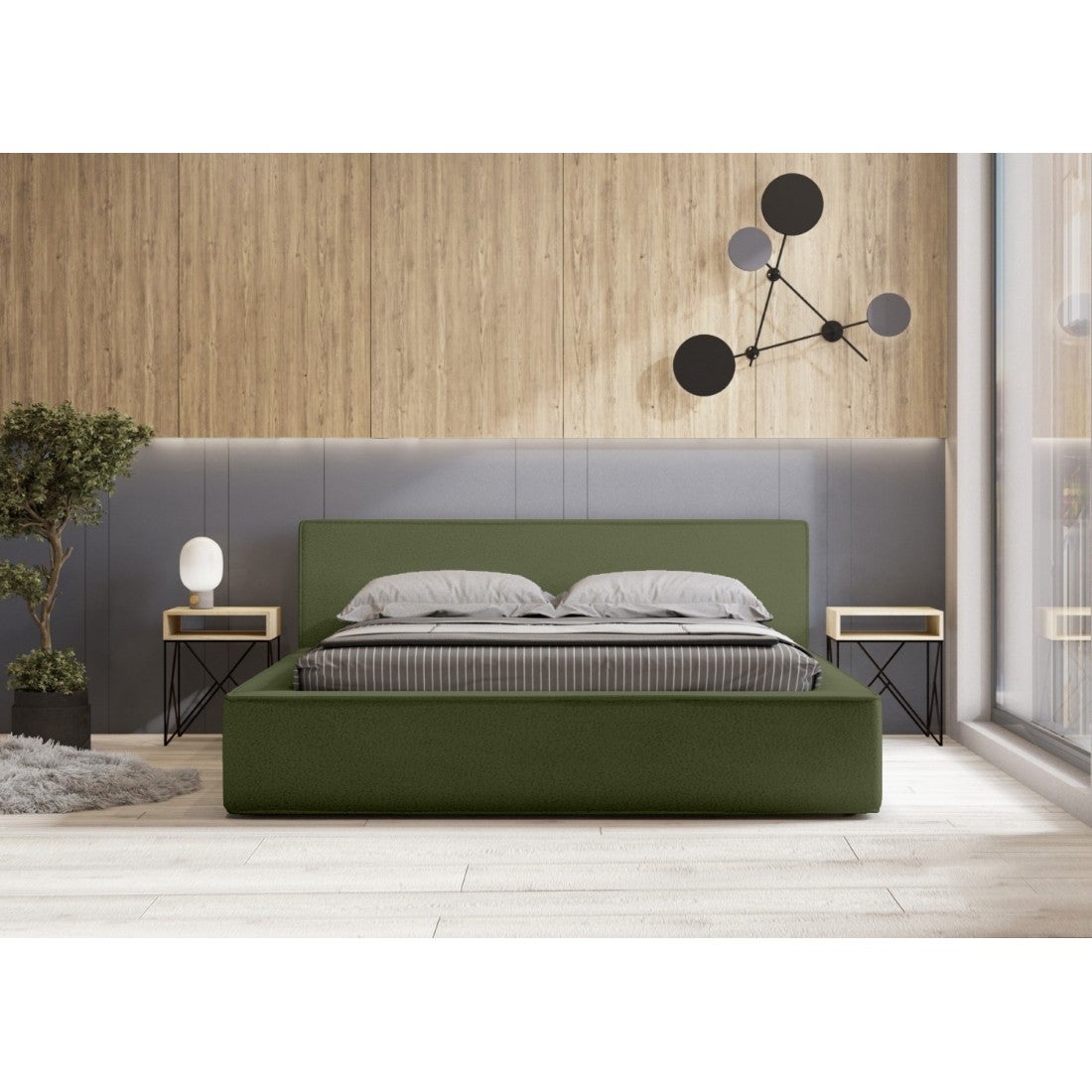 Cama con canapé DENALI – Oliva rizado – 140x200 cm – Tela terciopelo ...