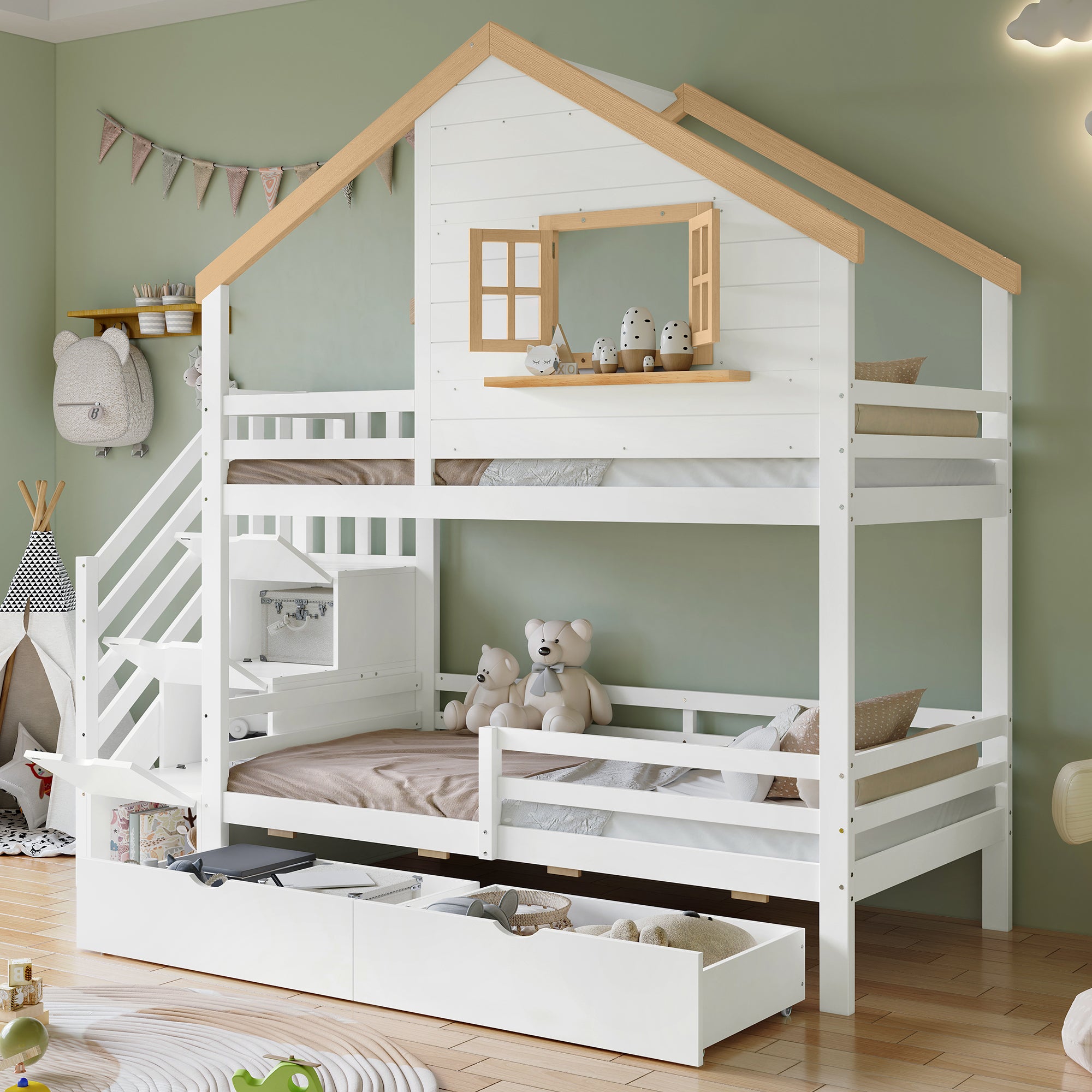 Letto a castello 90x200 cm - con scala contenitore - con 2 cassetti ...