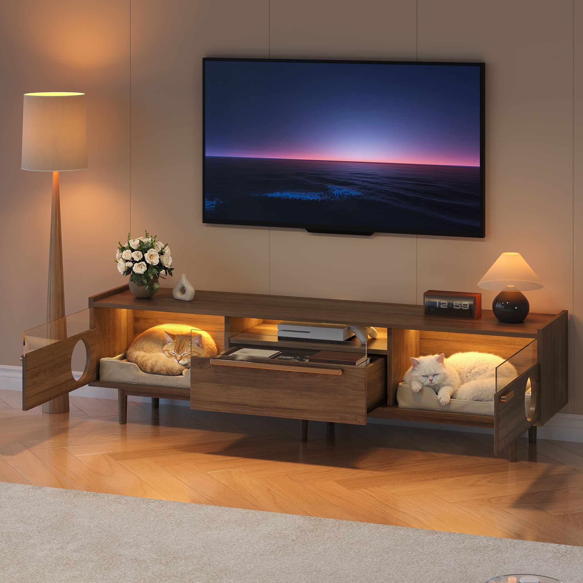 Mueble para TV con iluminación LED y zona para mascotas. Fabricado en ...