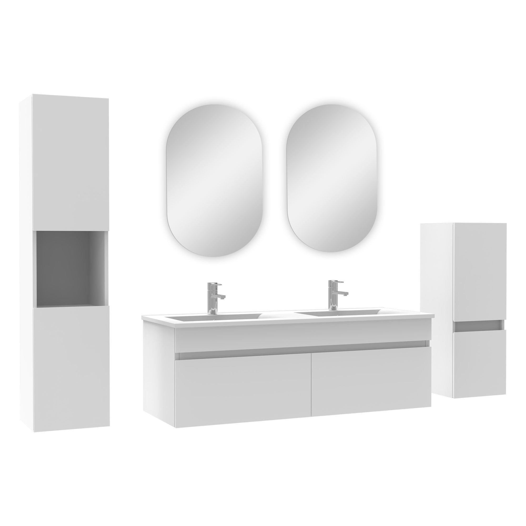 Meubles double vasque 120cm,meuble acve colonne et miroir ovale Blanc ...