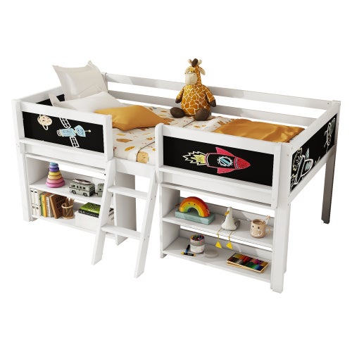 Lit mi-hauteur, 90*200 cm, avec plusieurs étagères de rangement, garde ...