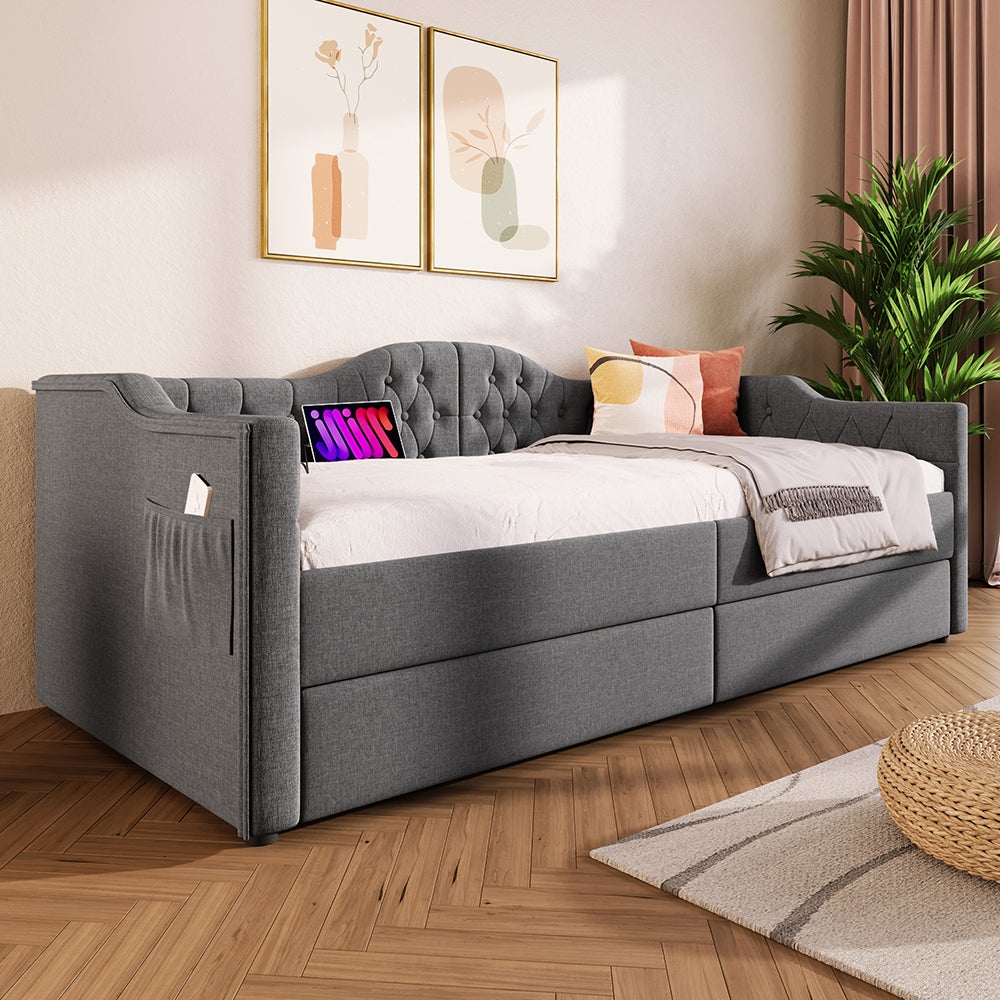 Lit avec tiroirs Canapé-lit Lit 90x190 cm lit avec USB Type C gris ...