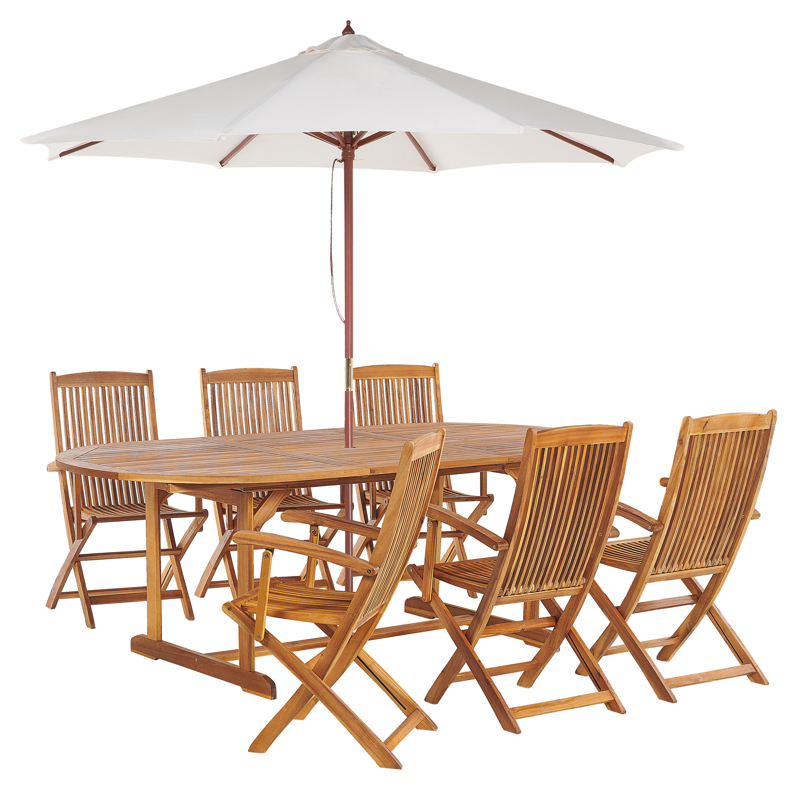 Table avec chaises et parasol MAUI Acacia Bois clair | Leroy Merlin