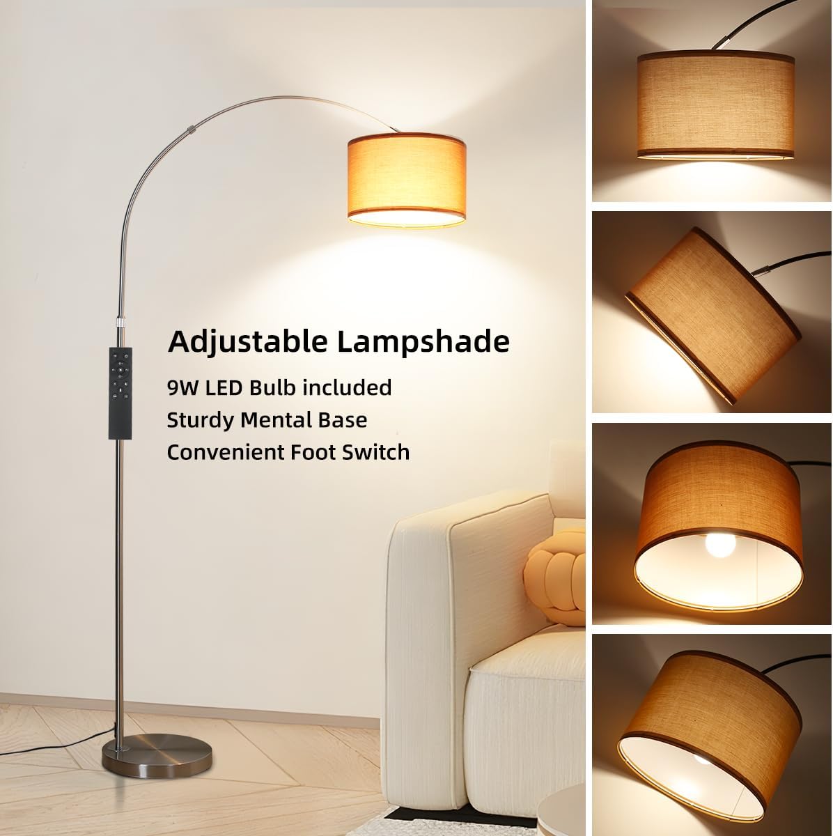 Lampadaire arc avec télécommande, LED E27 dimmable, abat-jour tissu ...