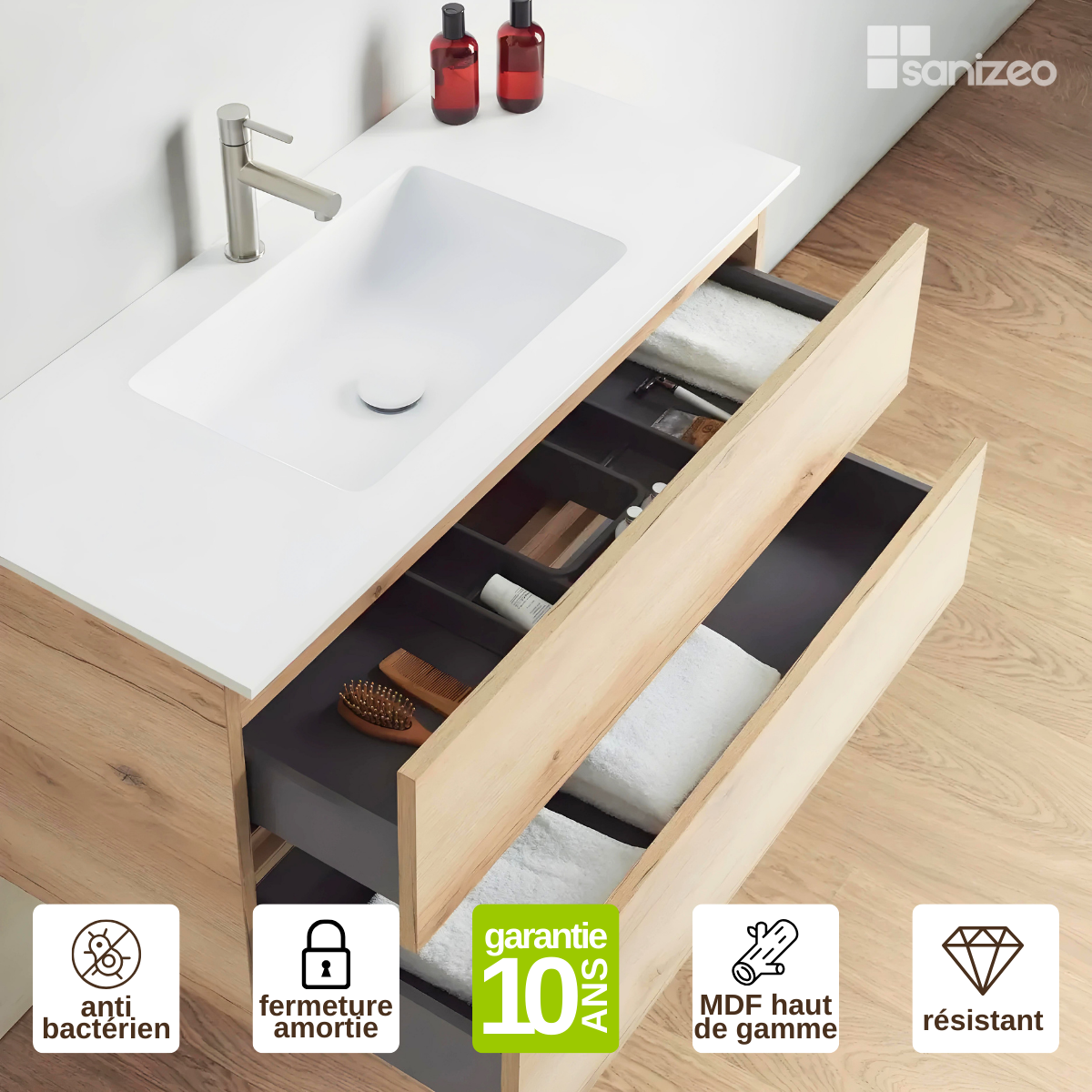 Meuble salle de bain 2 Tiroirs L101*l46*h50cm Chêne Contemporain, Vasque Solid Surface, Résigrès ...