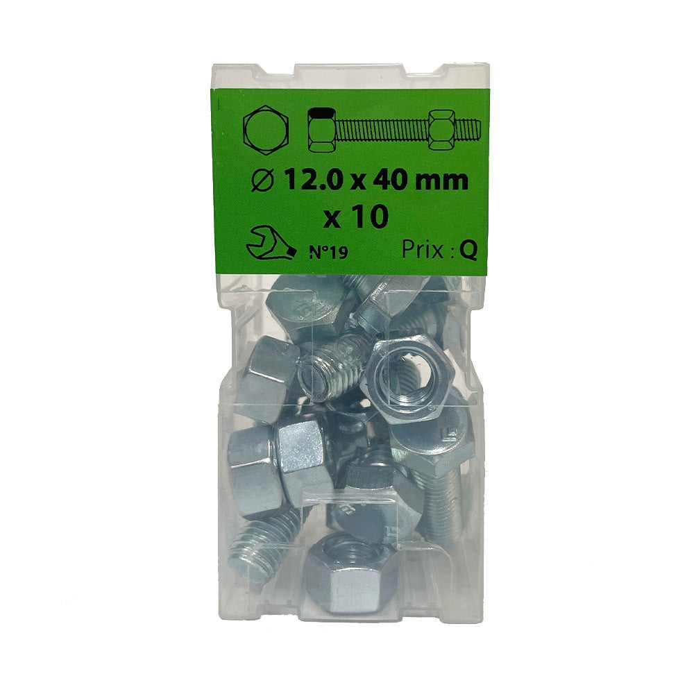 Boite 10 vis 12 x 40mm tête hexagonale + écrou classe 8.8 zingué ...