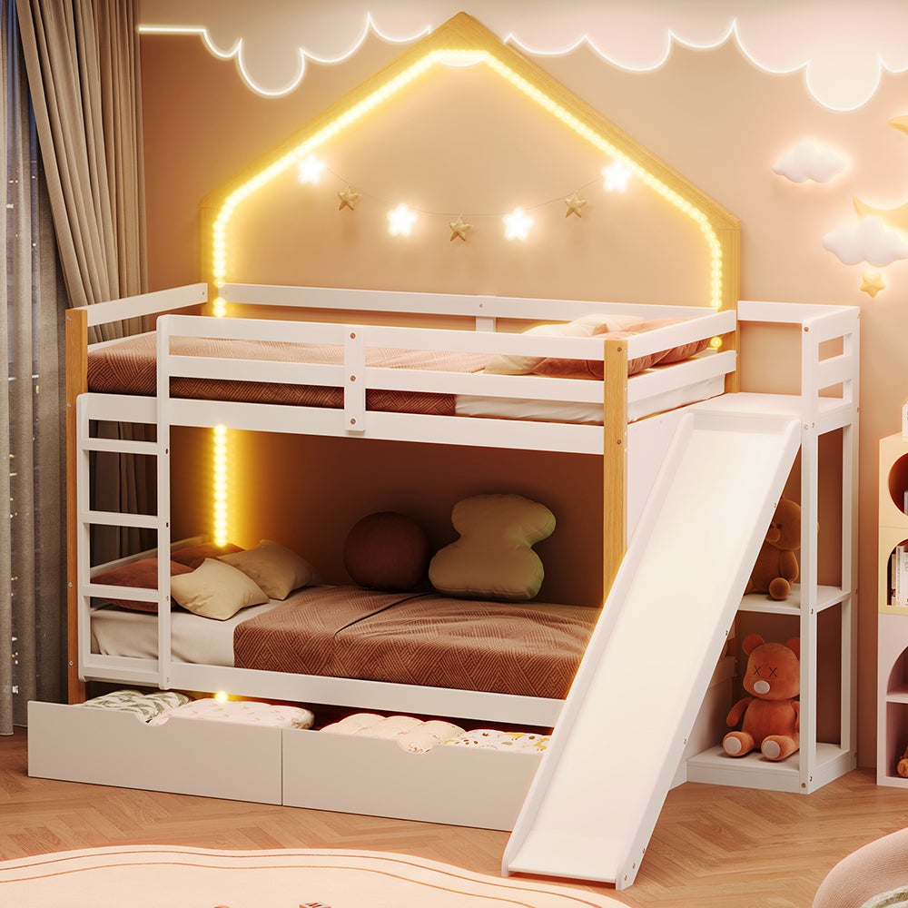 Lit superposé Lit enfant 90x200 cm Deux tiroirs quatre marches droites ...