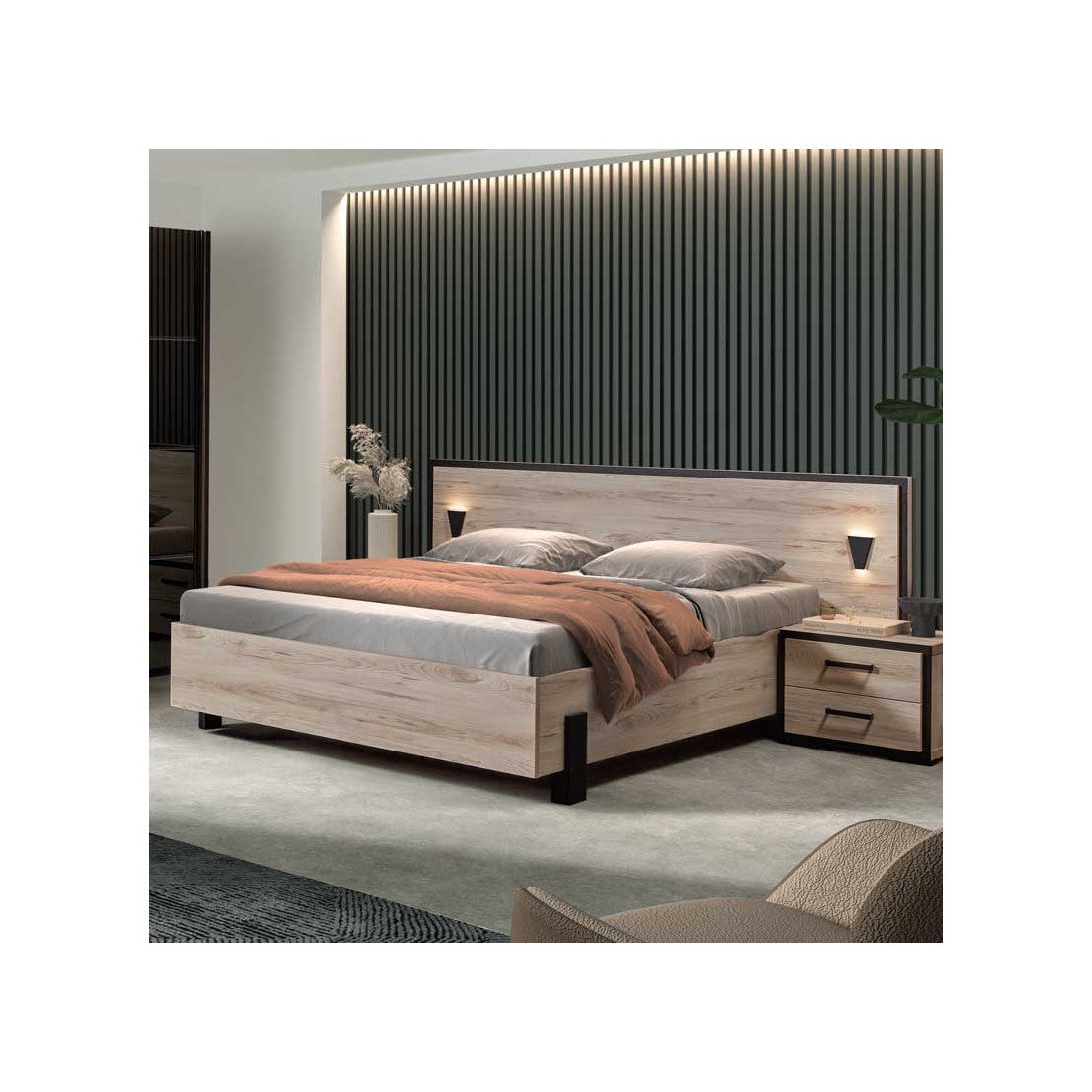 Cadre + tête de lit 160x190/200 cm Chêne beige à led - CAEN | Leroy Merlin