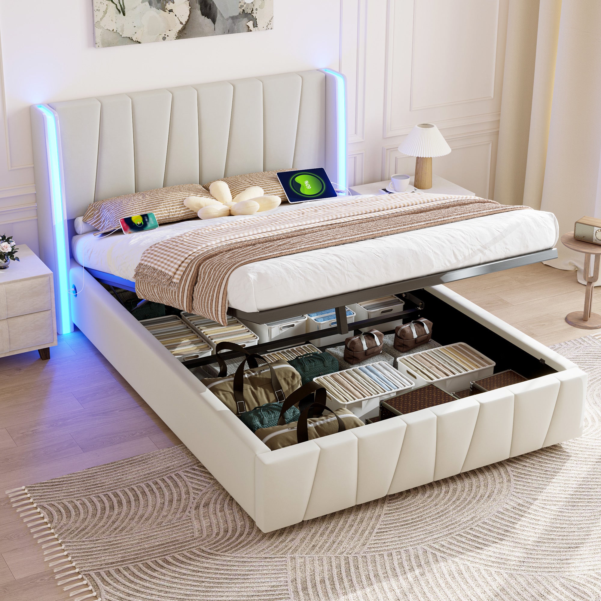 Lit coffre 140 x 200 cm avec tête de lit - Velours - Prise USB + LEDs ...