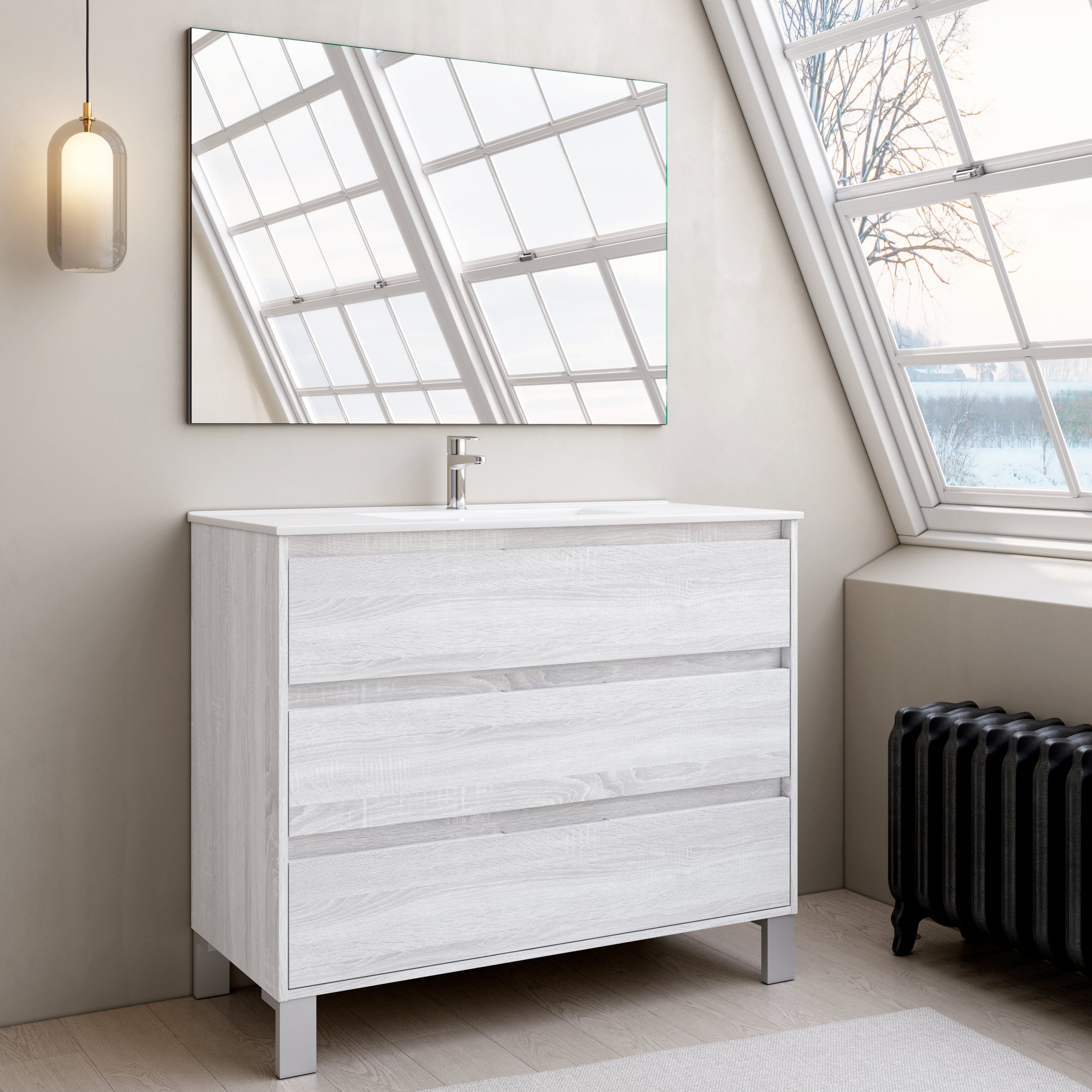 EGORE Pack Meuble de salle de bain avec lavabo + Miroir PISA 3 Tiroirs ...