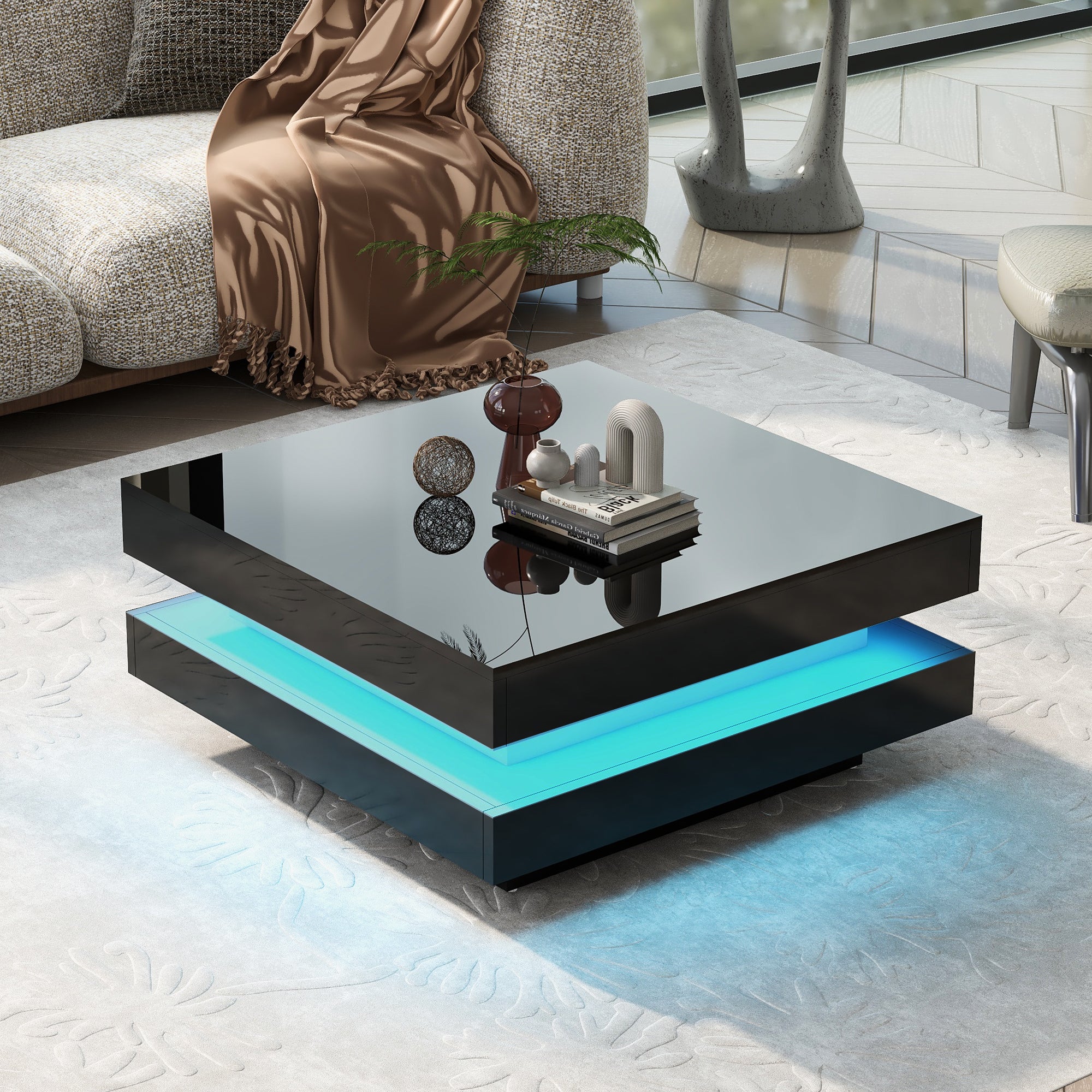 Table bas de canapé carré noir - LED RGB Bluetooth, 70x70x36 cm, 45kg ...