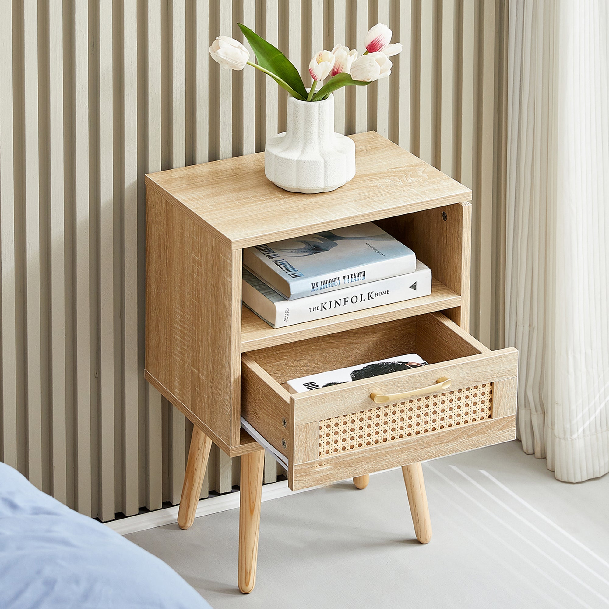 Table de chevet - 1 tiroir et 1 niche - MDF - Naturel (40x30x55cm ...
