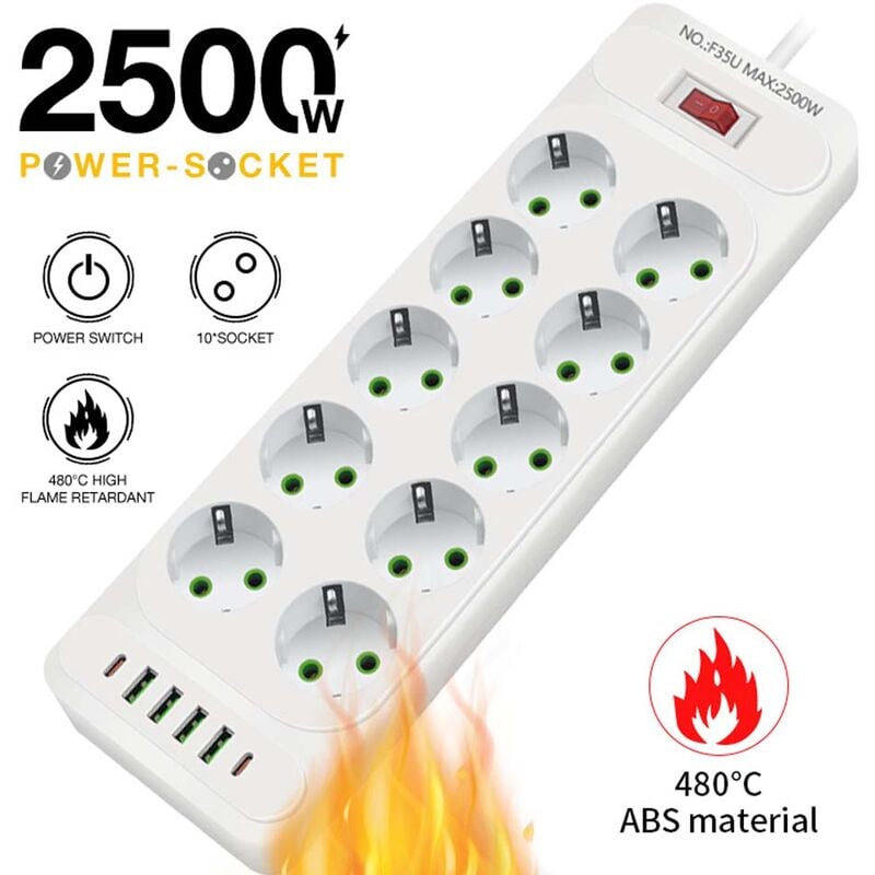 Regleta USB de 10 enchufes con 4 puertos USB Cargador de viaje (5V3.1A ...