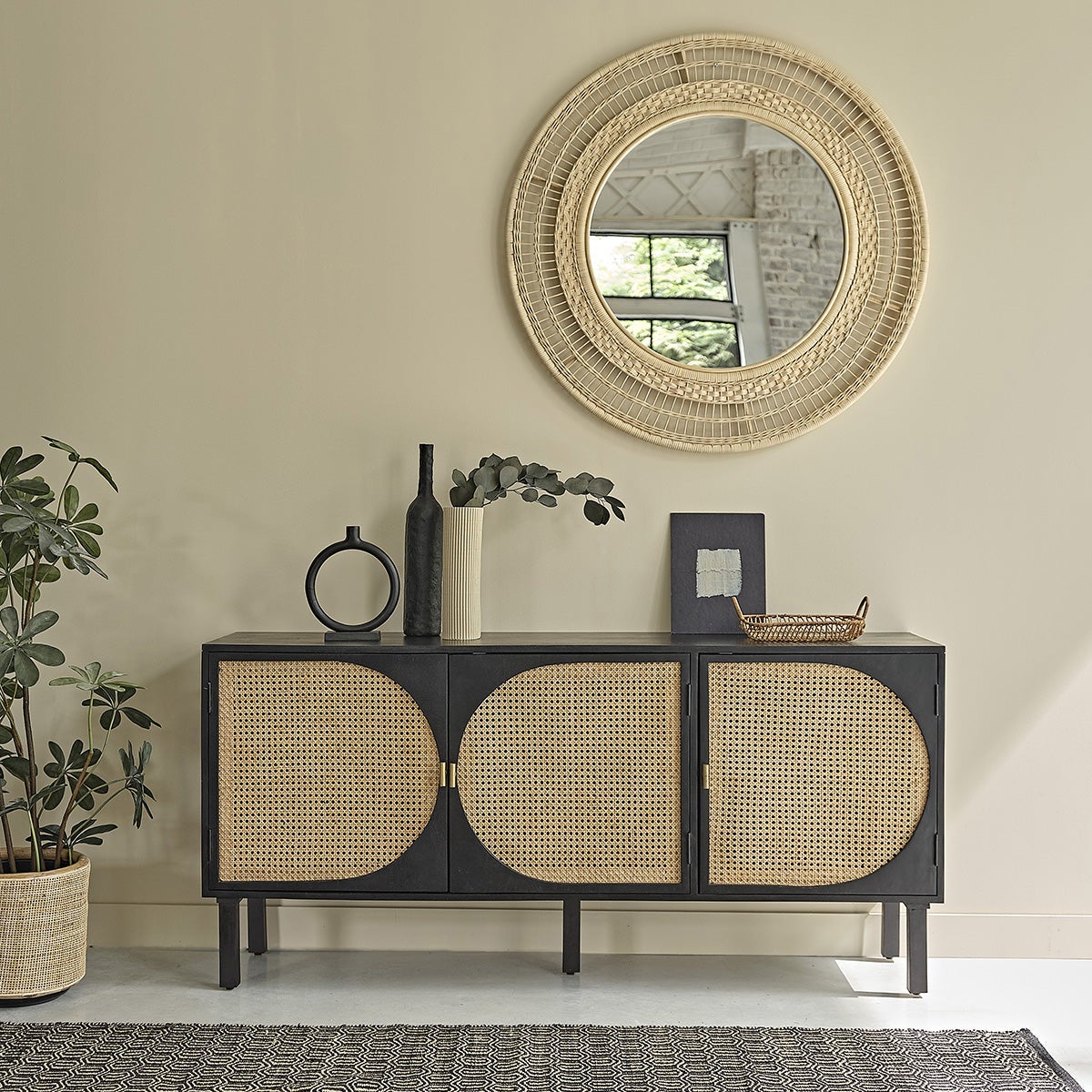 Buffet en manguier massif noir et cannage 160 cm | Leroy Merlin