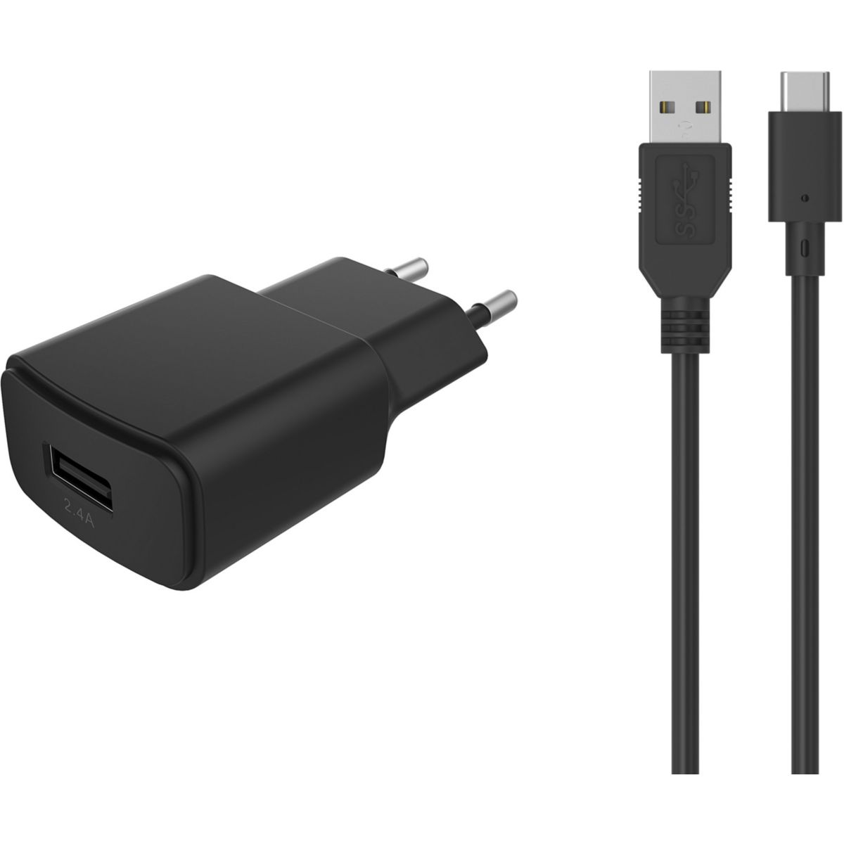 Chargeur secteur ESSENTIELB USB 2.4A + Cable USB C noir | Leroy Merlin