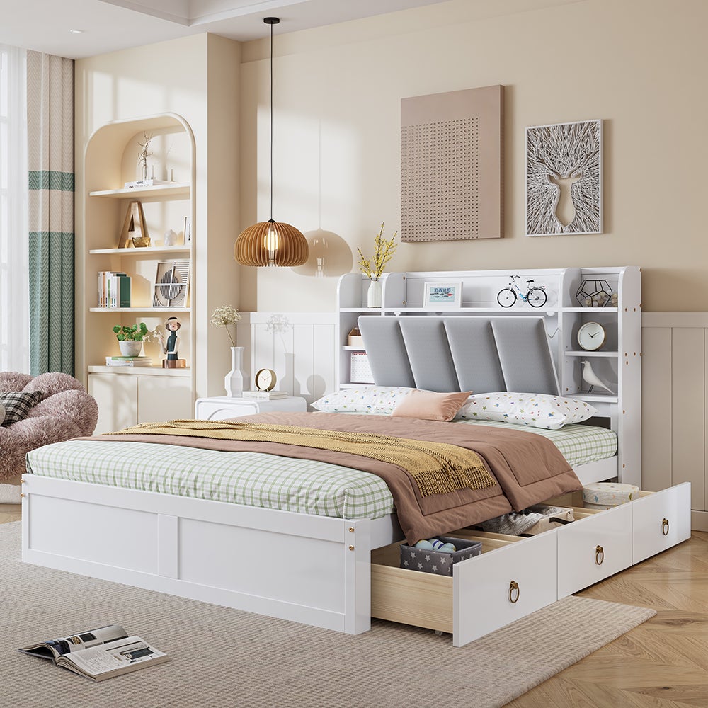 Lit double pour adultes, 140x200 cm, étagères ouvertes, trois tiroirs ...