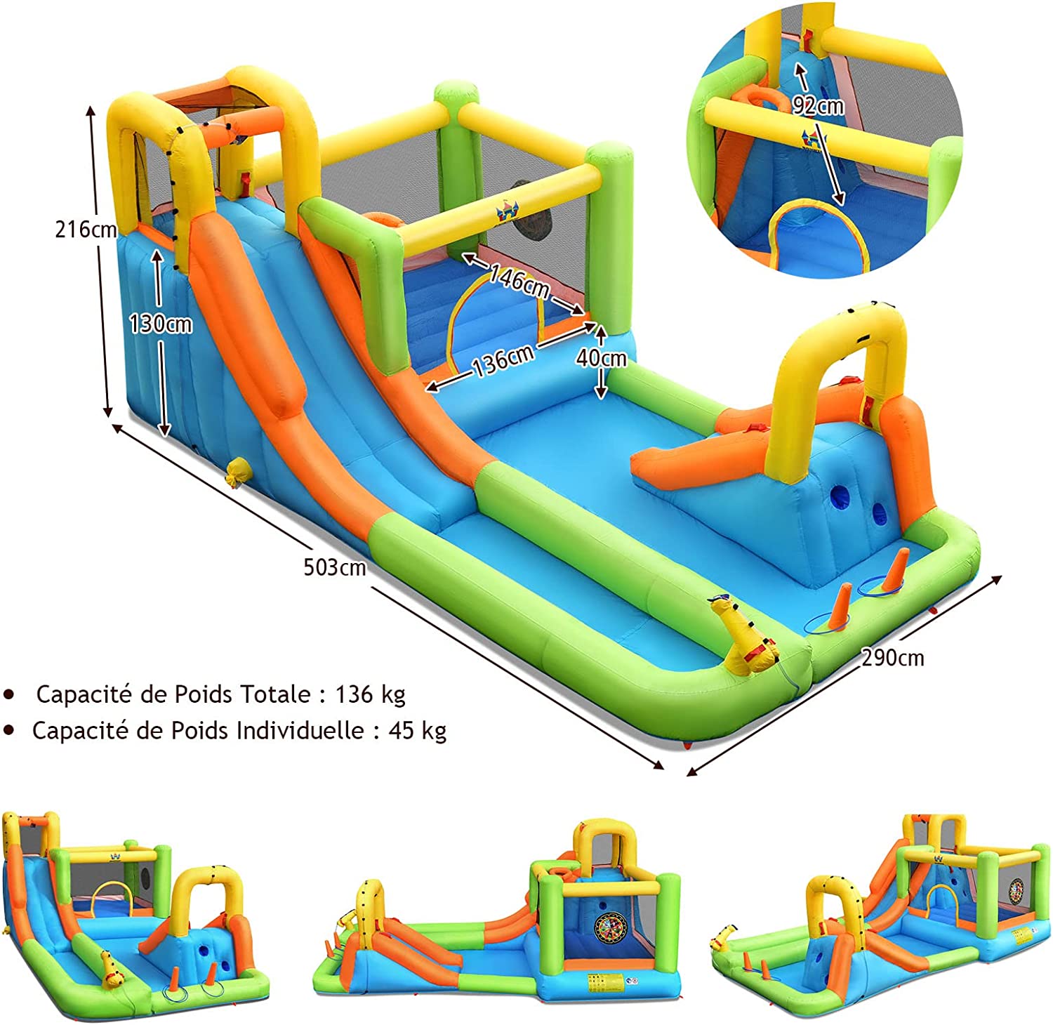 Parque Acuático, Casa Inflable con Doble Tobogán, Canasta de Baloncesto ...