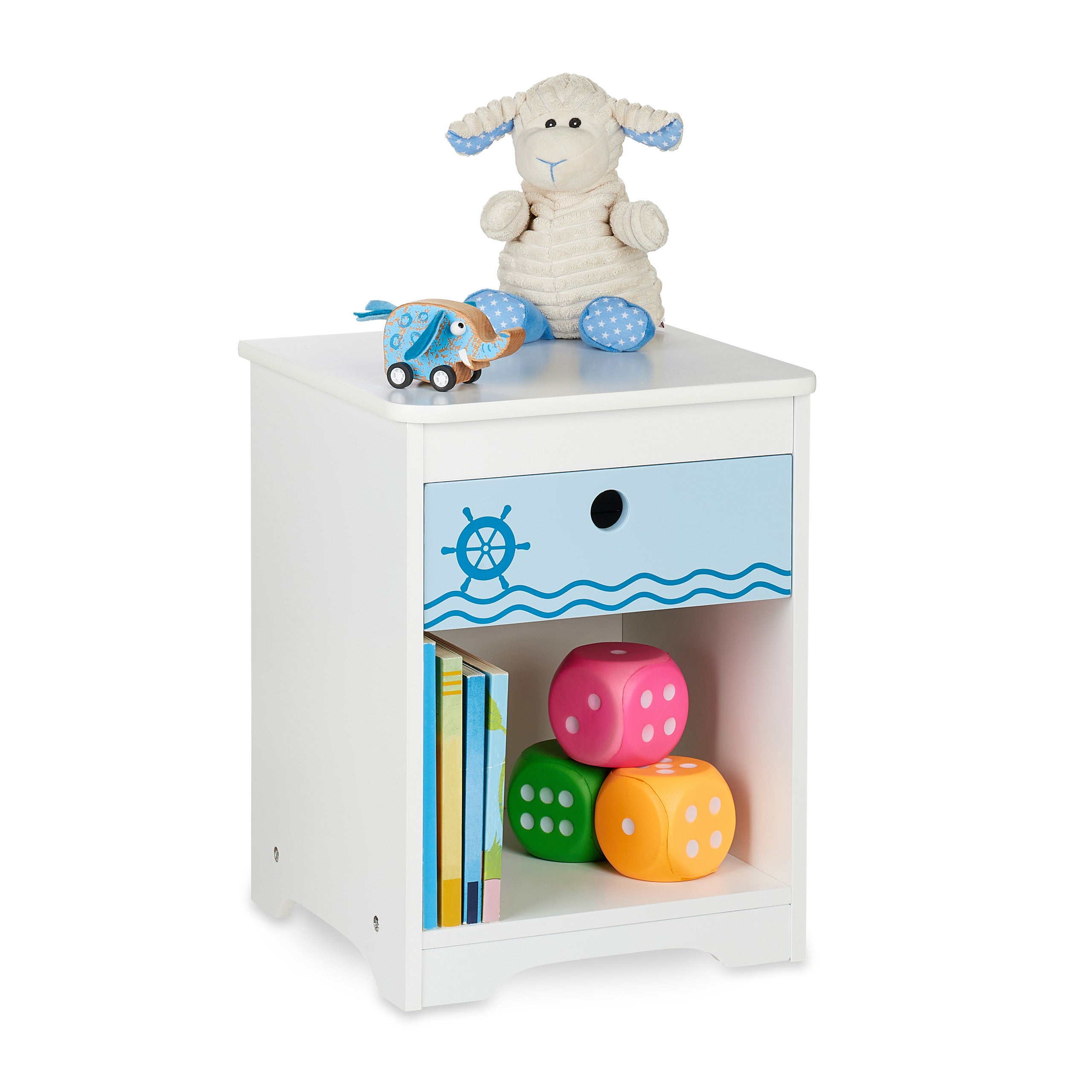 Relaxdays Table de chevet enfant, design maritime, tiroir, rangement ...