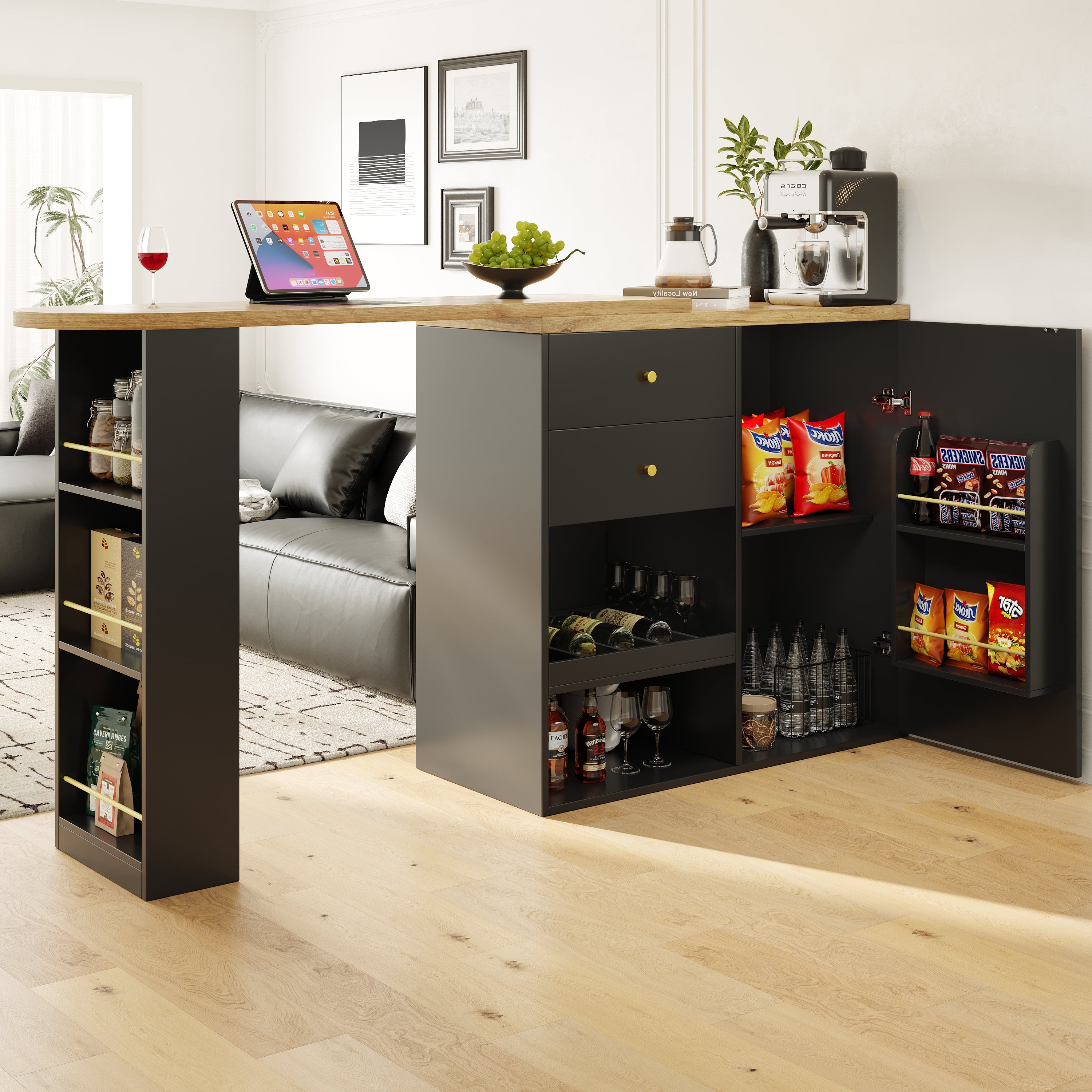 Table de bar pivotant et escamotable - 2 tiroirs et 6 compartiments ...