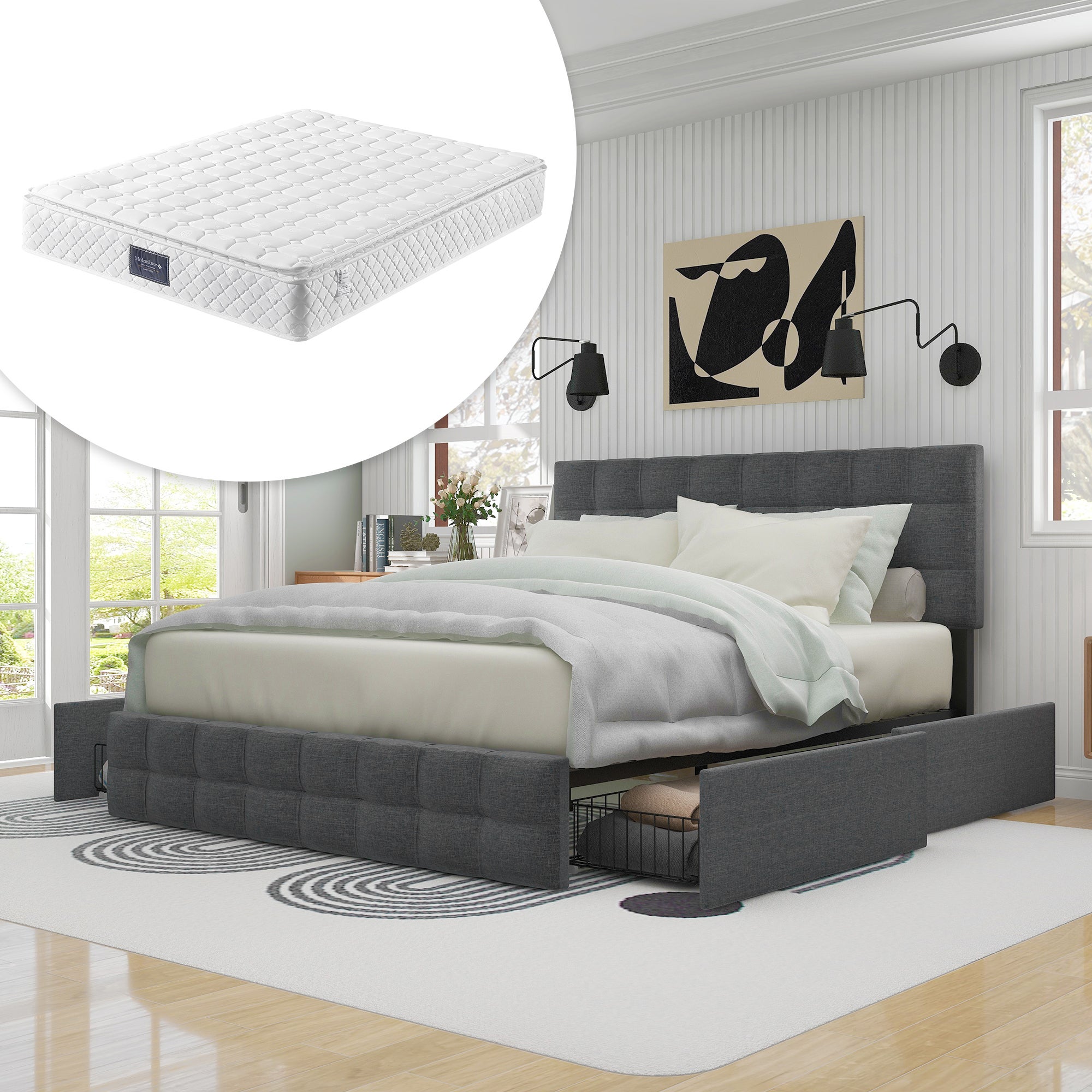 Lit avec tiroirs Lit double de rangement Lit tapissé avec 4 tiroirs et ...