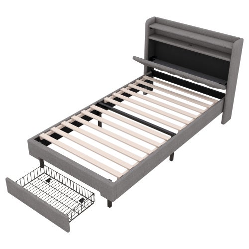 Lit plat + Coton-lin et MDF + Gris + 90 x 200 cm + Lit avec LED et ...