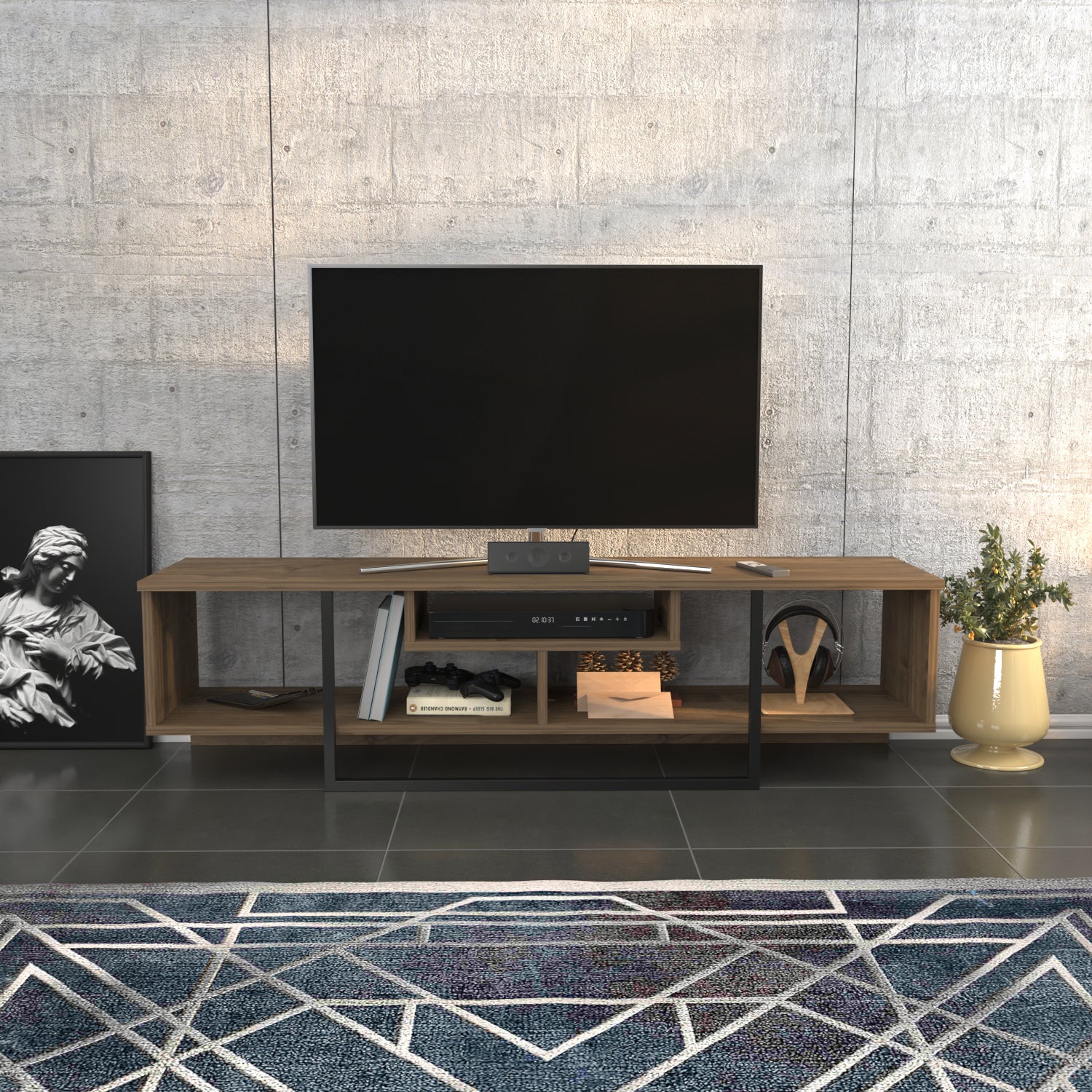 Meuble TV de 150 cm Asal, Cadre en métal, reversible (Noyer et noir ...