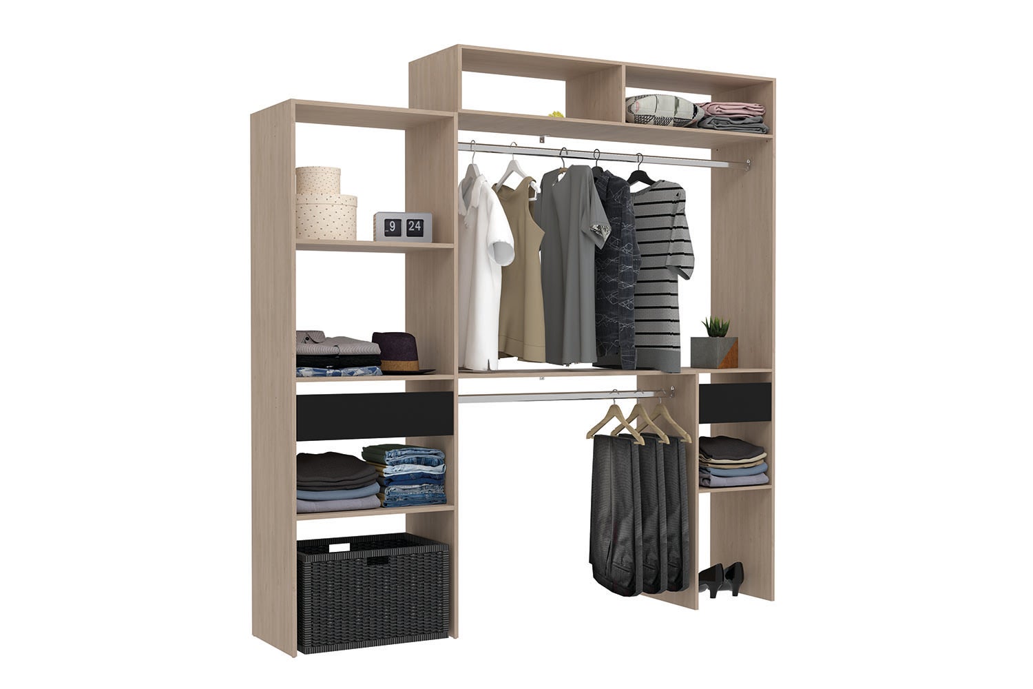 Dressing bois extensible avec 2 penderies, 4 étagères et 1 tiroir ...