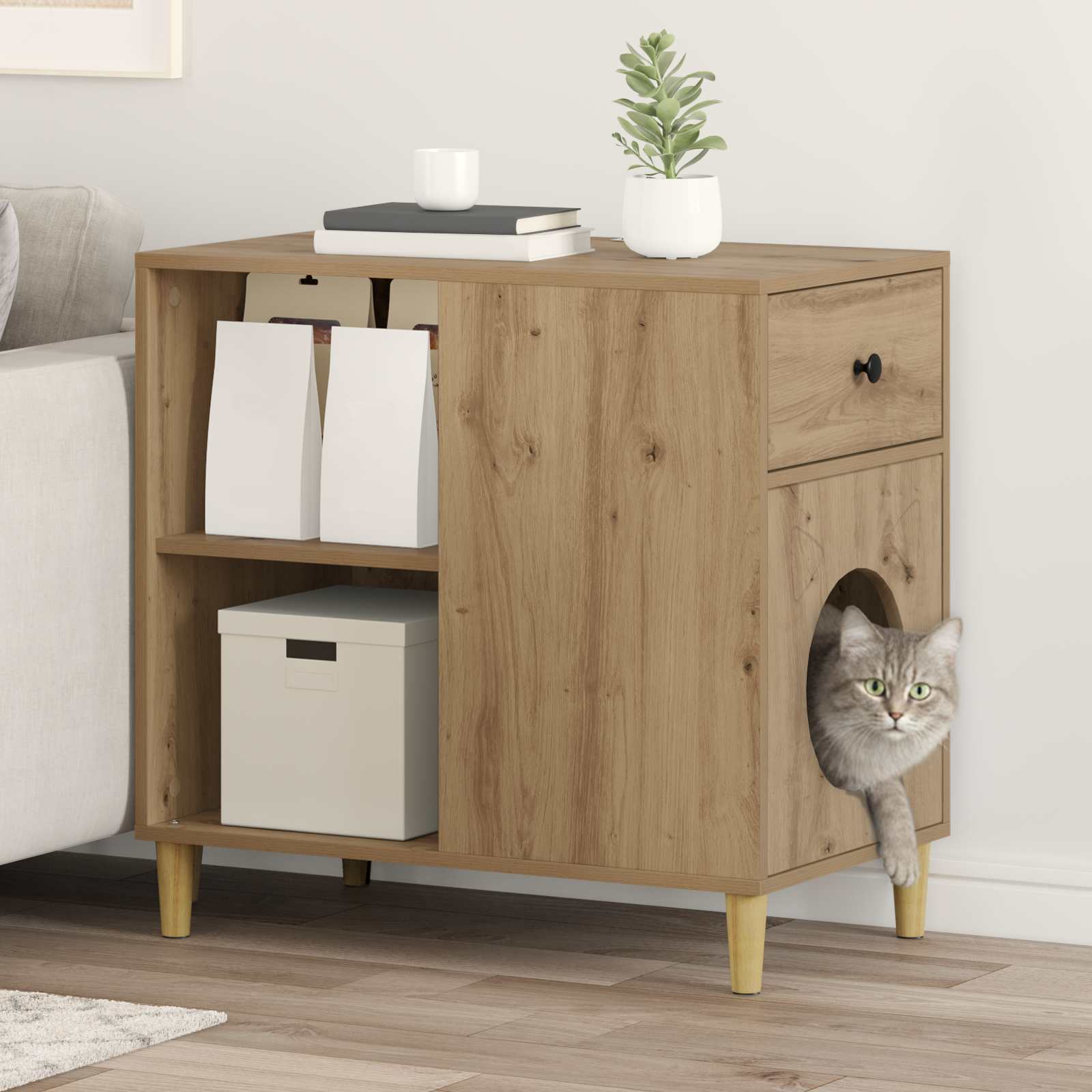 Maison pour chat Chêne artisan 72 x 42.5 x 70 cm | Leroy Merlin
