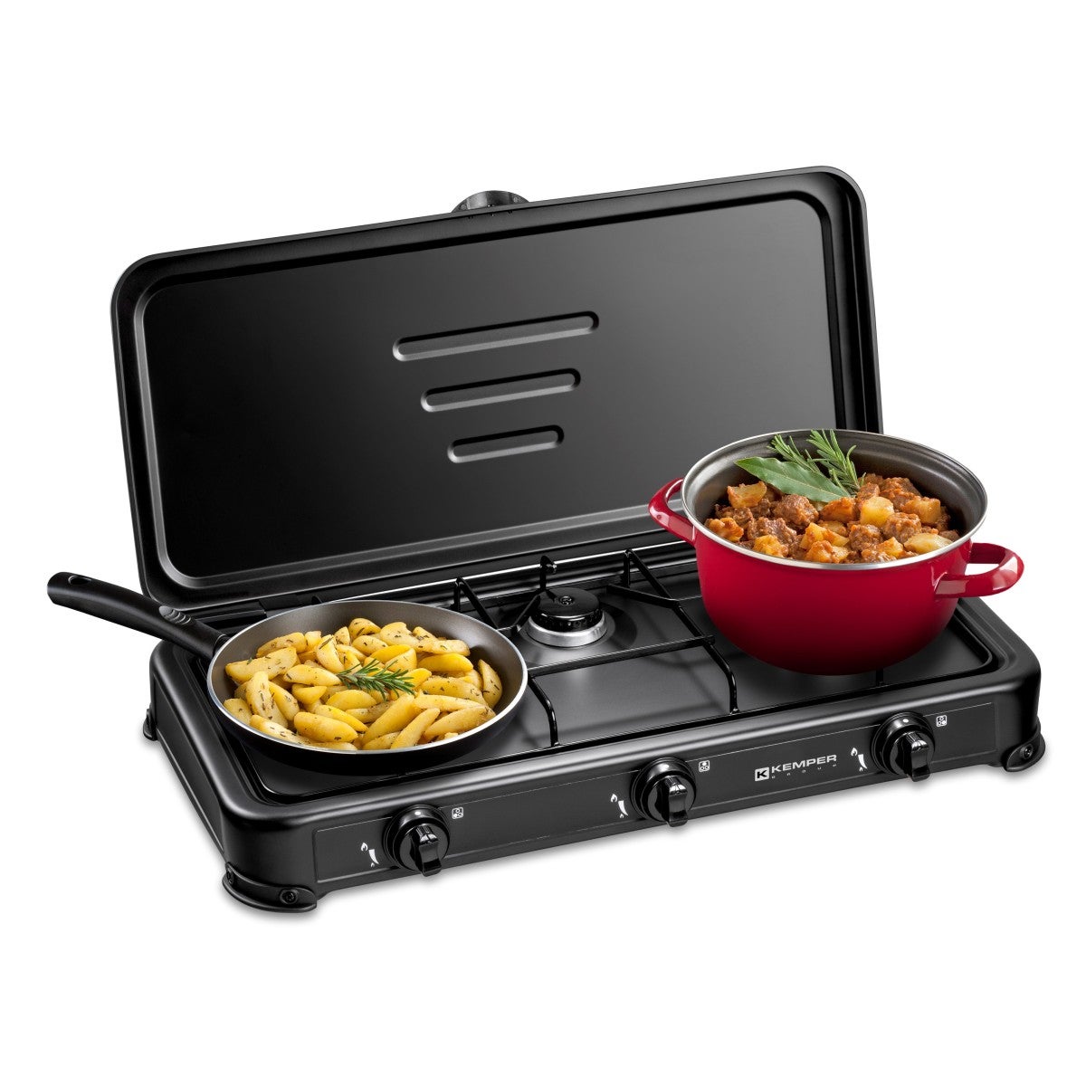 Réchaud gaz portable 3 feux 3450W Noir Couvercle Plaque de cuisson ...