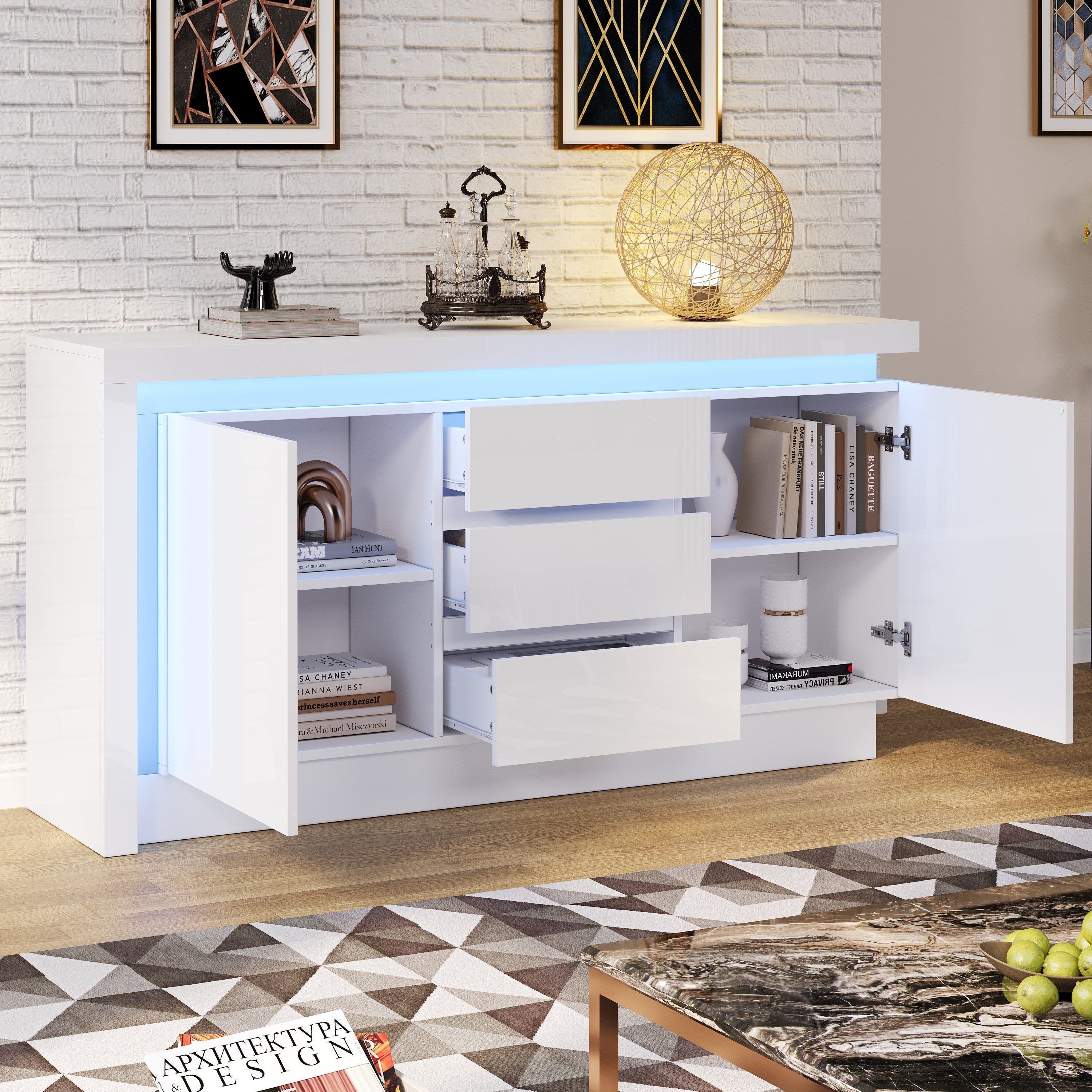 Buffet 140 x 35 x 72 cm con 3 cajones, 2 puertas, LED, espacio de almacenamiento, de MDF, color ...