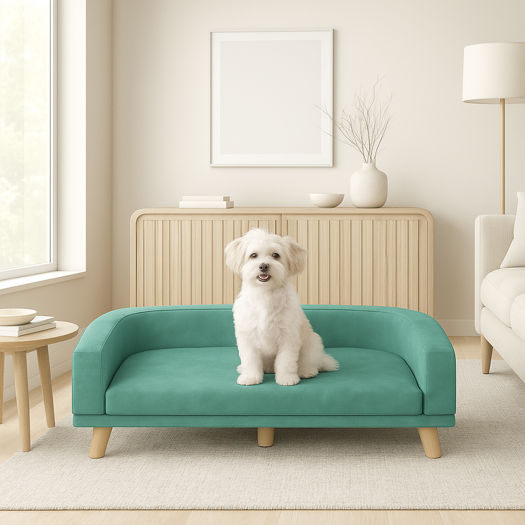 URBAN MEUBLE Canapé pour chien vert avec coussin doux et pieds en bois ...
