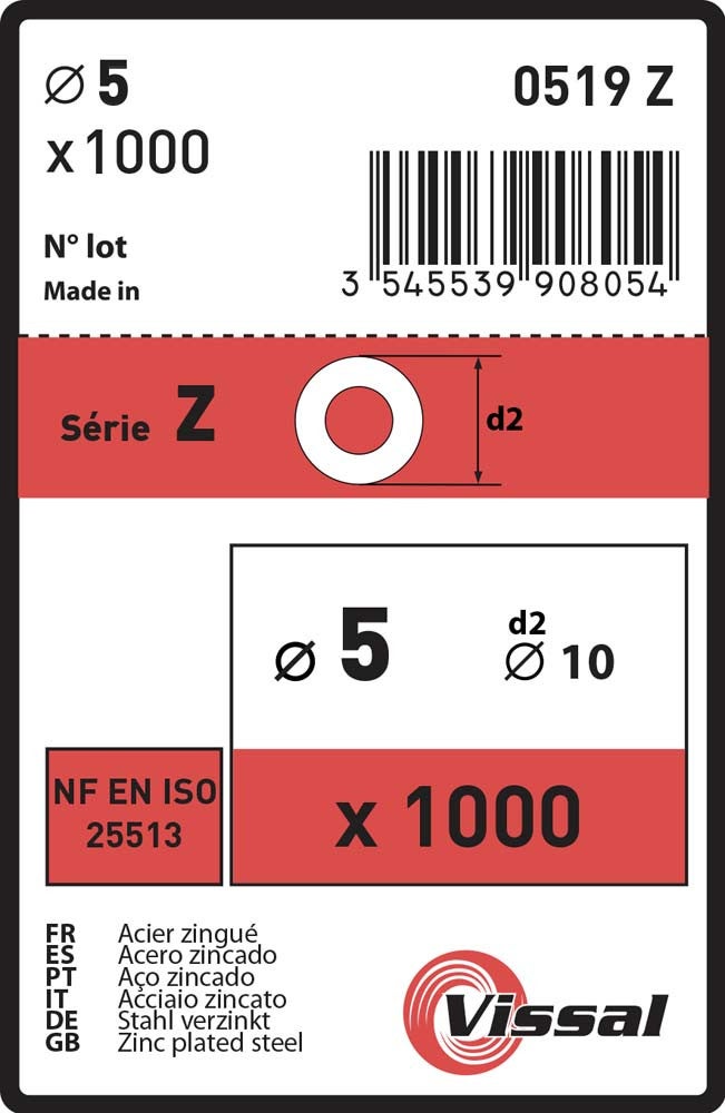 Boite 1000 rondelles Ø 5mm type Z zingué - Vissal | Leroy Merlin