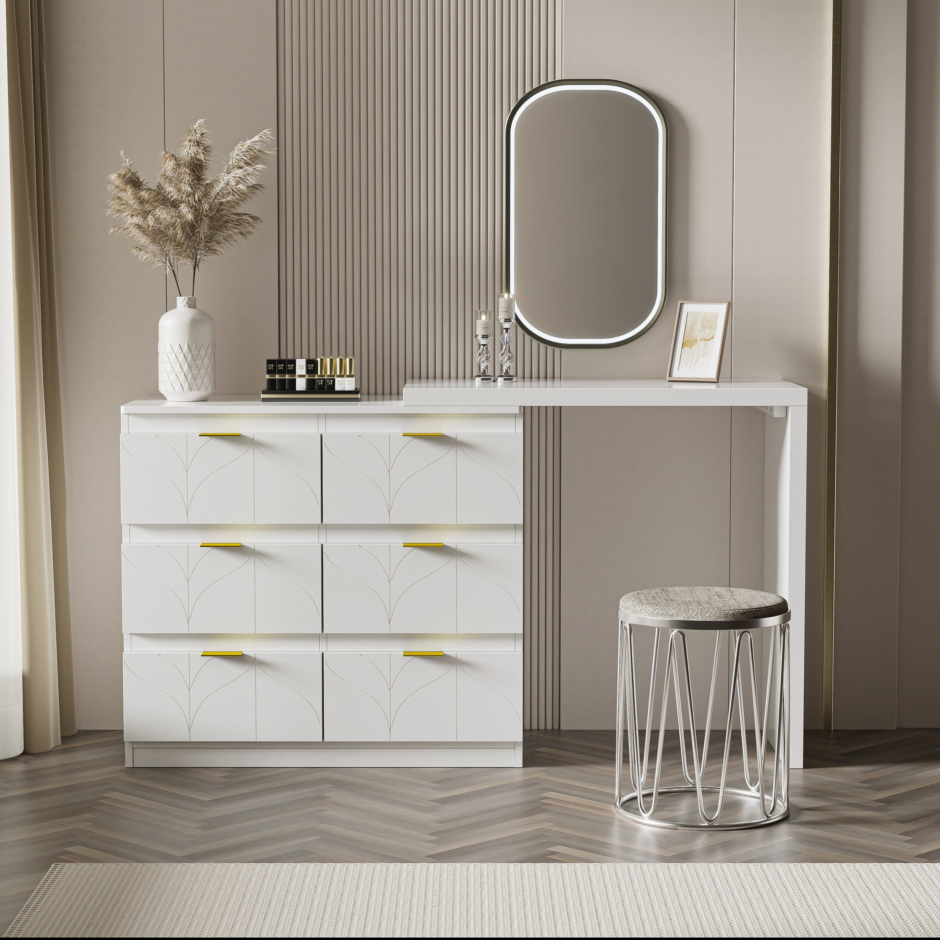 Coiffeuse avec miroir LED en panneaux de particules et métal Blanc H ...