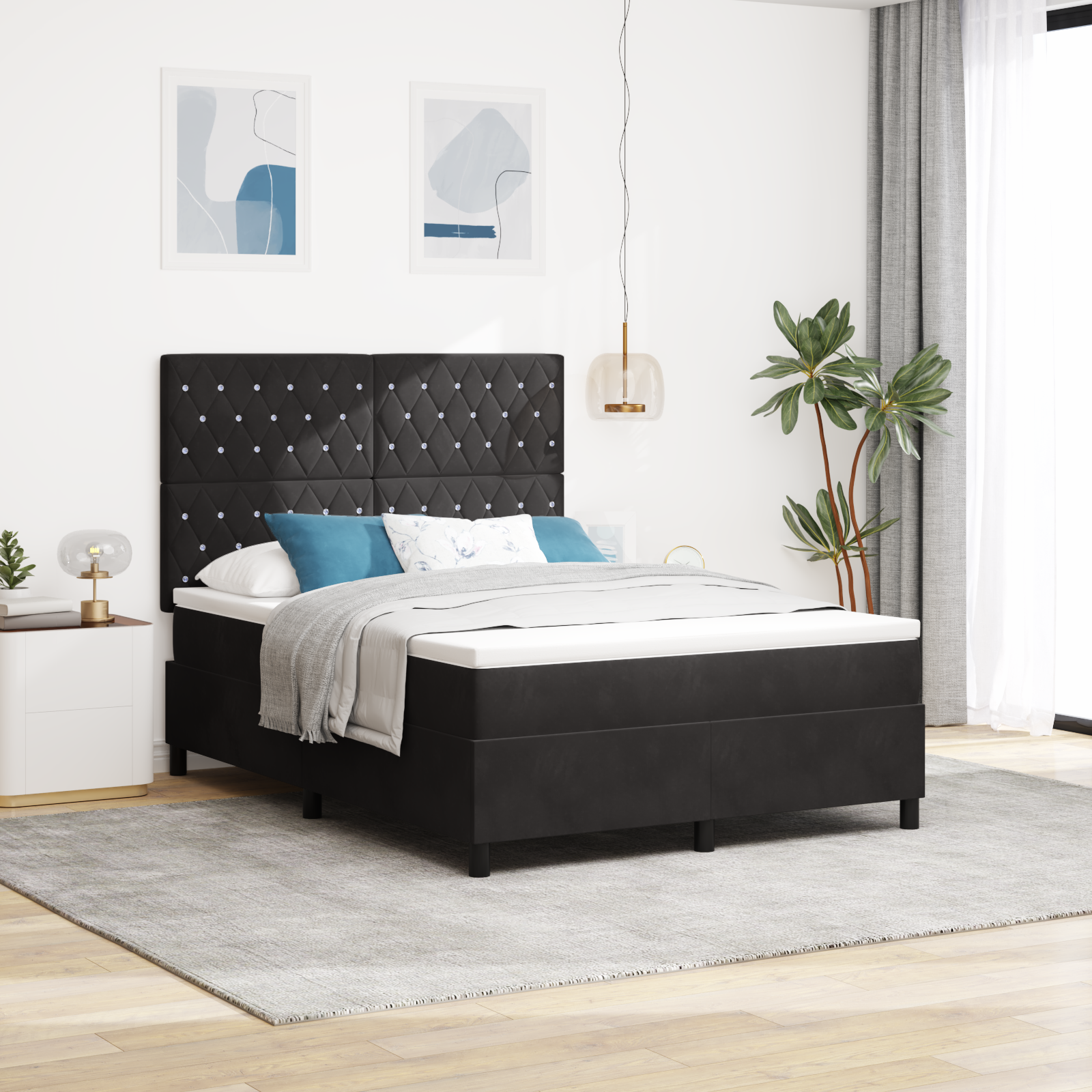 Lit Box Spring avec Matelas Noir 140x200 cm Velours | Leroy Merlin