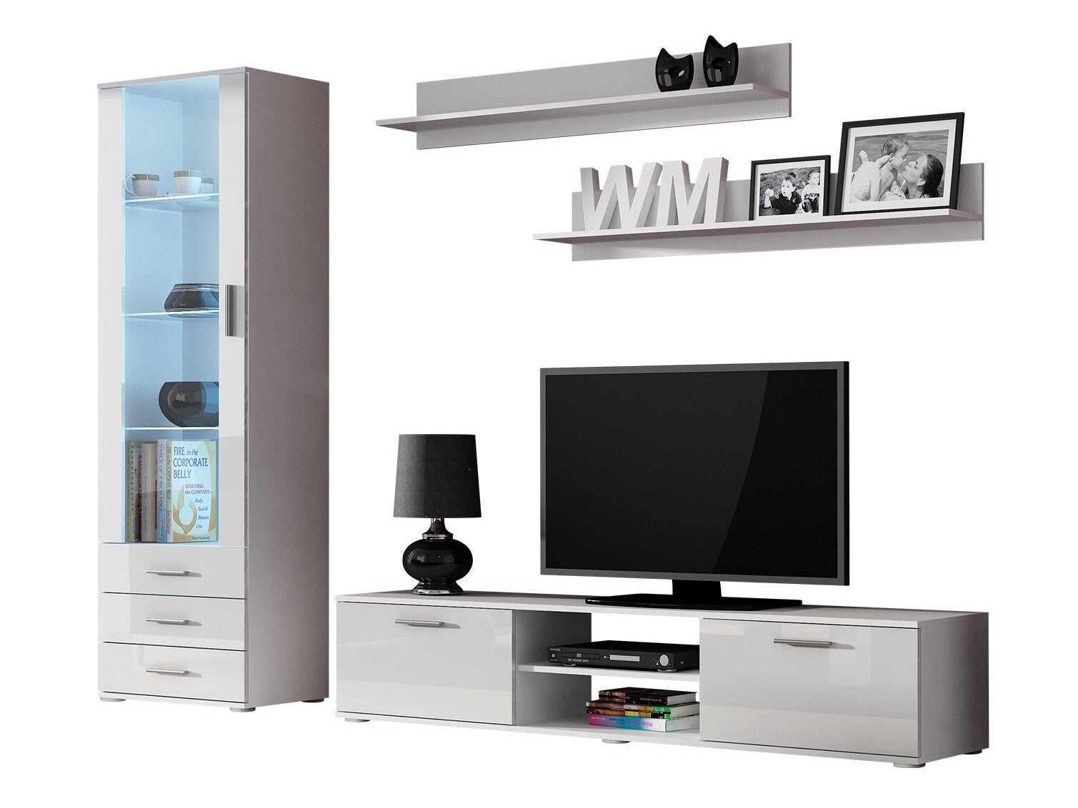 Set mobili soggiorno Charlotte E107, Bianco lucido, Bianco, Con singole ...