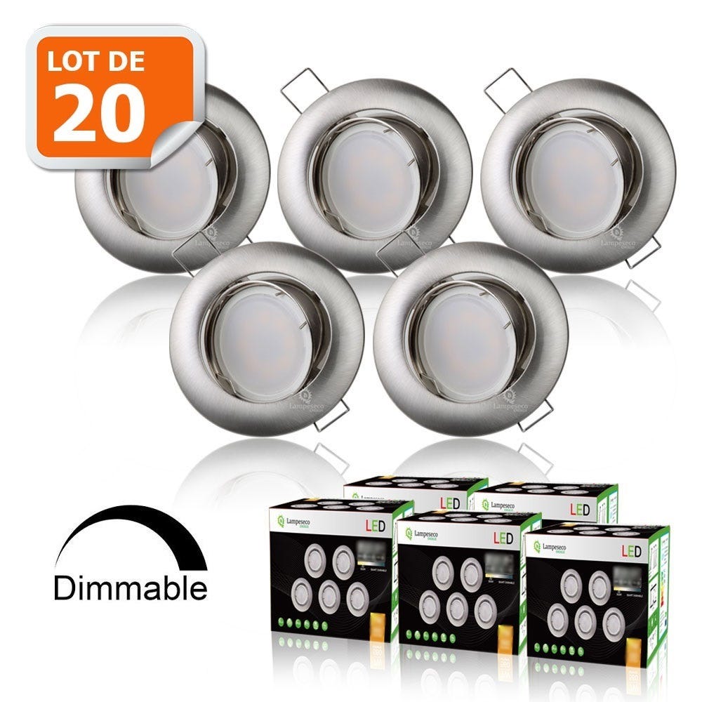 Lot De 20 Spots Encastrable Led Alu Brossé Gu10 Dimmable Blanc Chaud