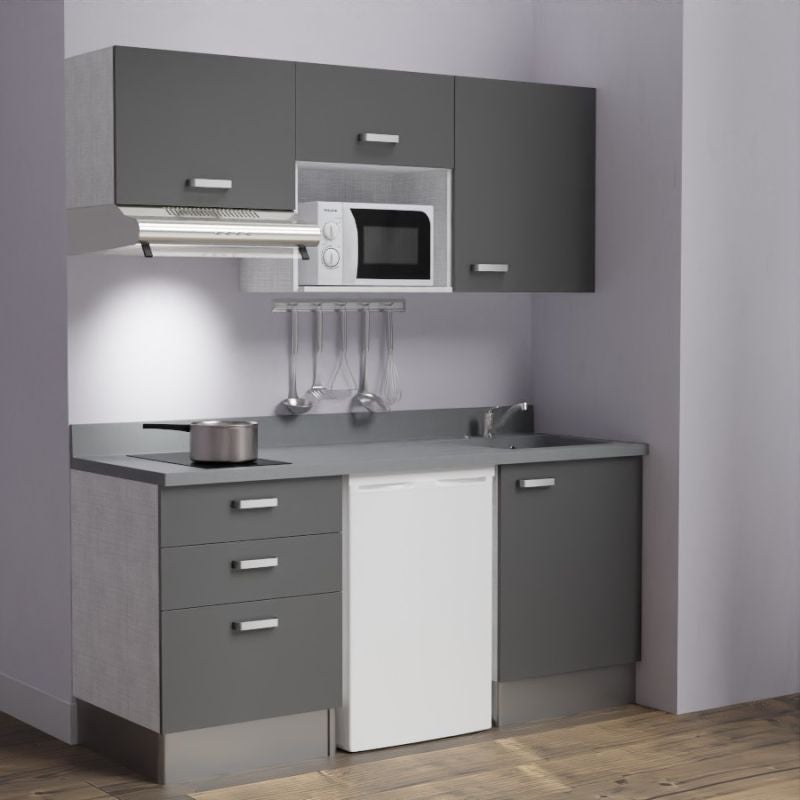 Kitchenette K20L - 180 cm - Gris - Cromo - Plan monobloc quartz évier à ...