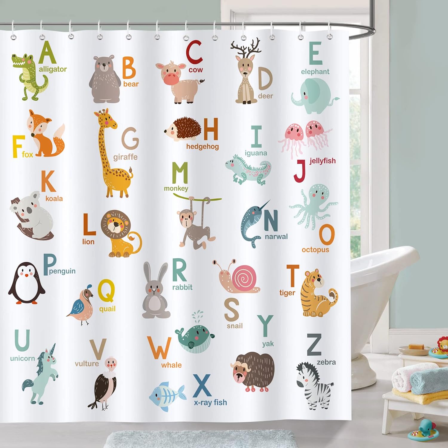 Rideau de Douche pour Enfants ABC Alphabet Animaux Rideau de Bain Tissu ...