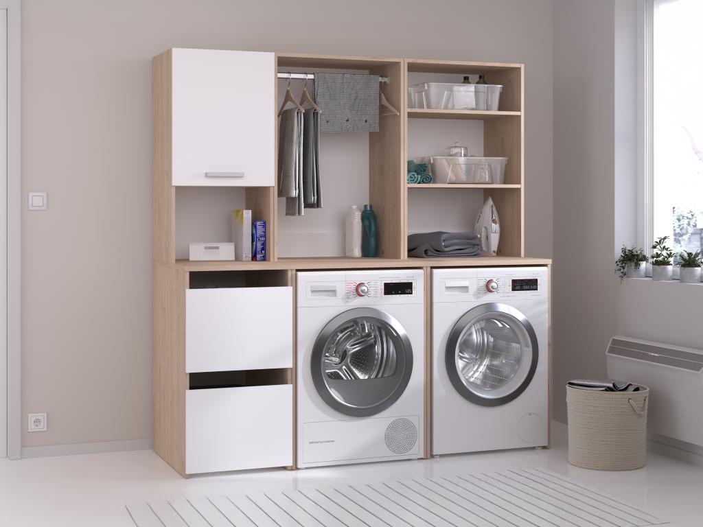Meuble pour 2 machines à laver avec étagères, penderie et placards ...