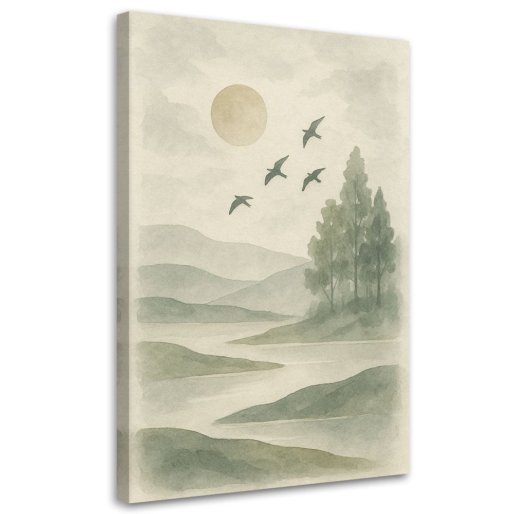 Tableau sur toile Japandi Paysage Nature Aquarelle Beige Forêt Avions ...
