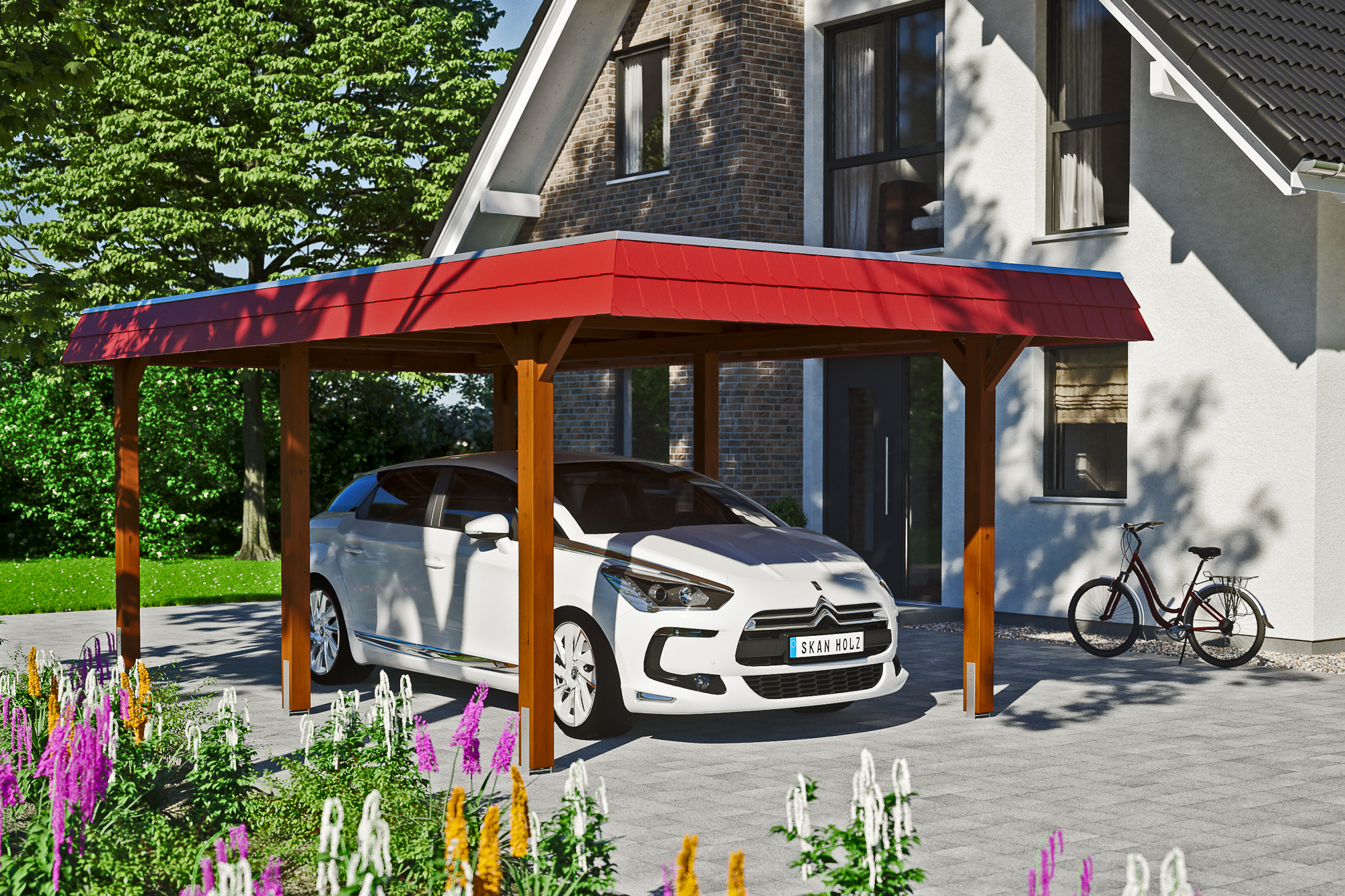 Carport bois SKAN HOLZ Wendland 362x628cm, toit en aluminium, bandeau rouge, bois lamellé-collé ...