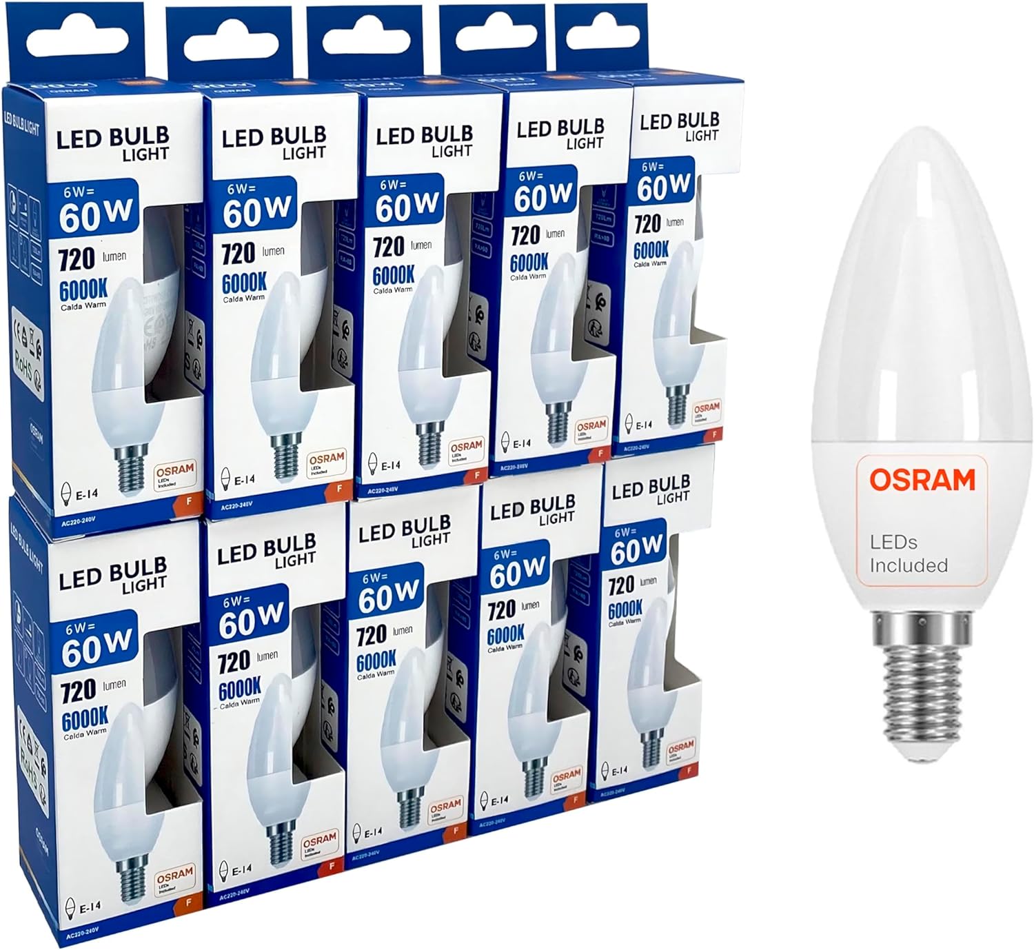 Pack 10 Bombillas de Vela LED E14 6W 720Lm Osram Chip, 220V, ángulo apertura 180º, Luz Blanca ...
